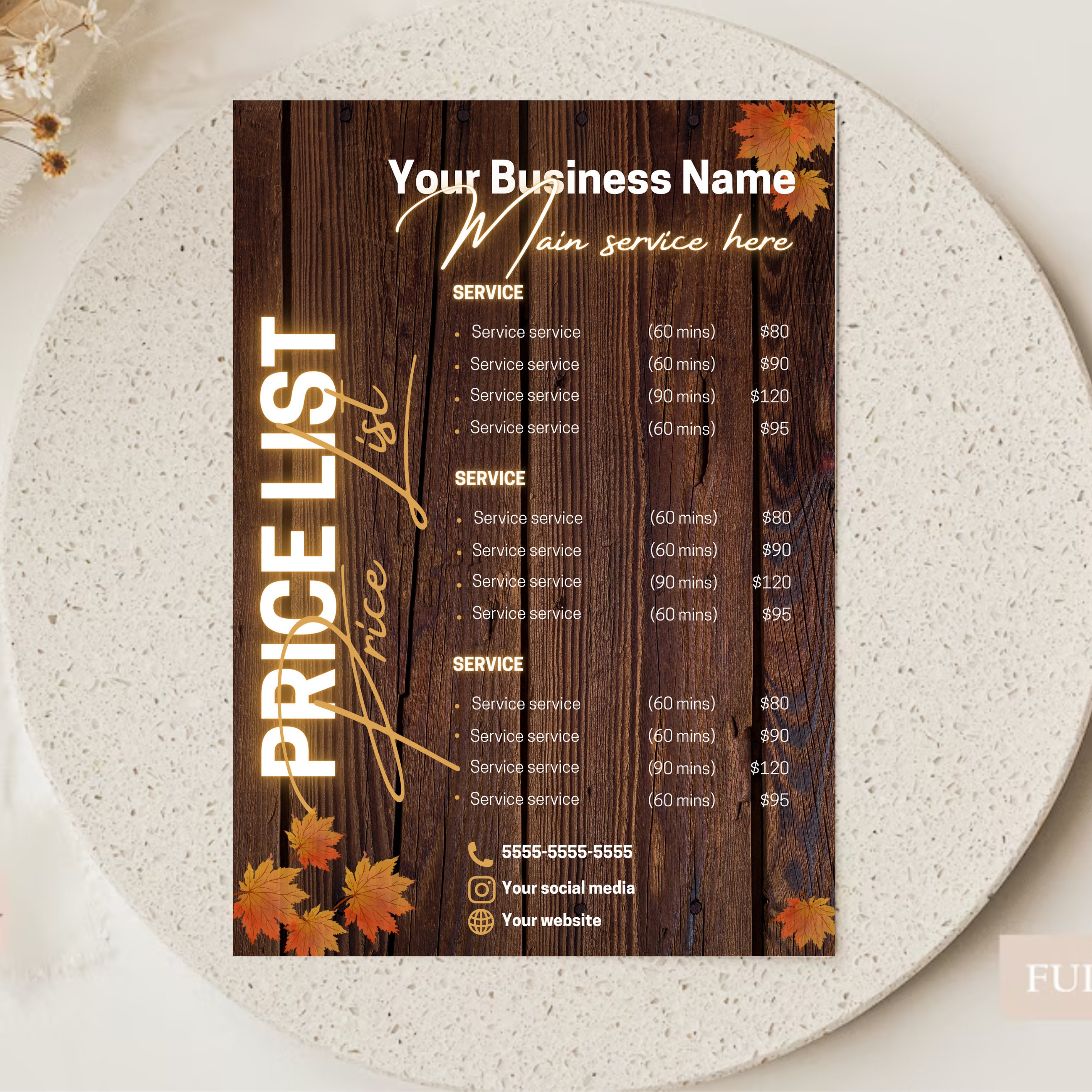 Fall Salon Price List Template, Autumn Leaves Design (canva Editable ...