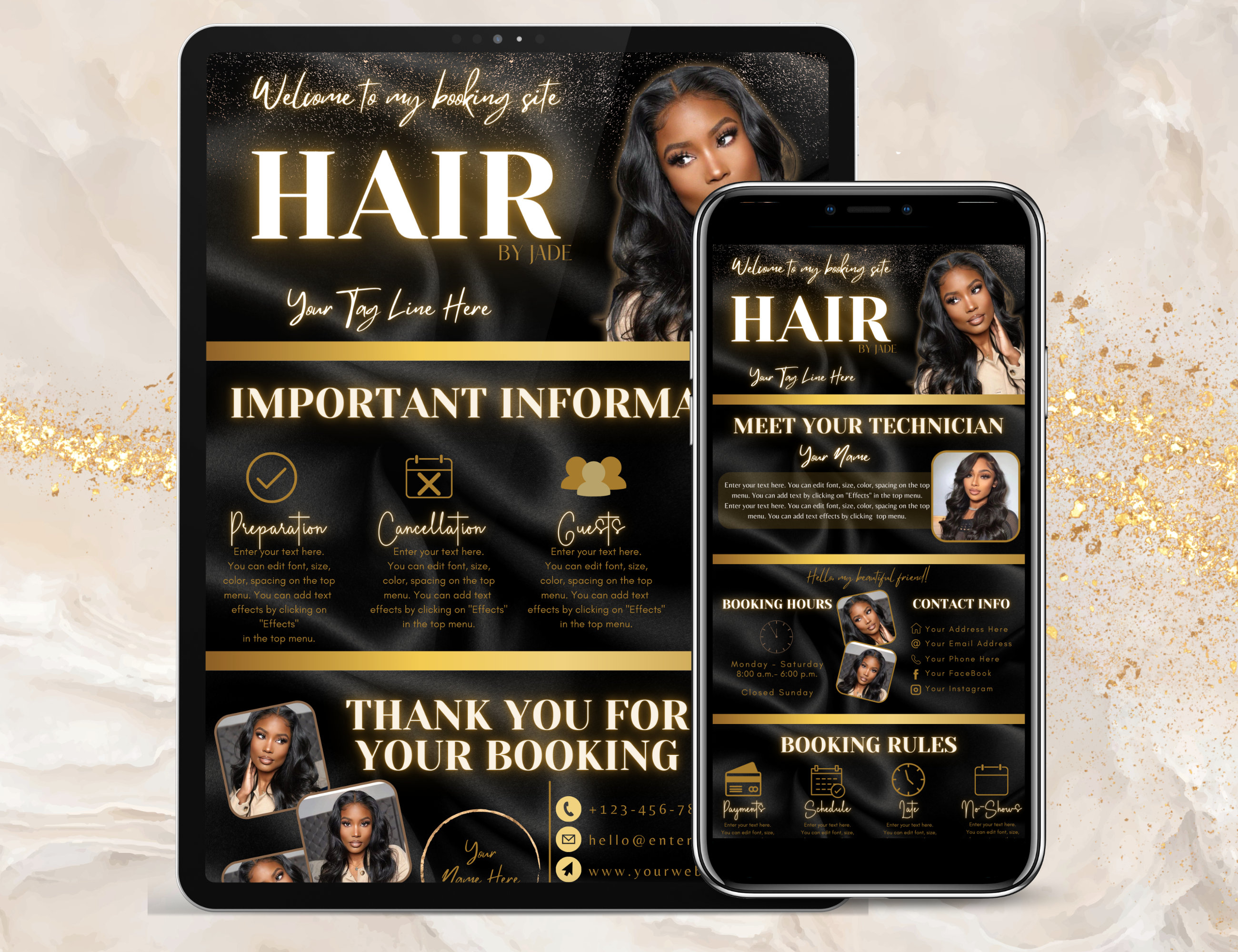 Glam Hair Stylist Acuity Scheduling Template, Black Gold Canva Website ...