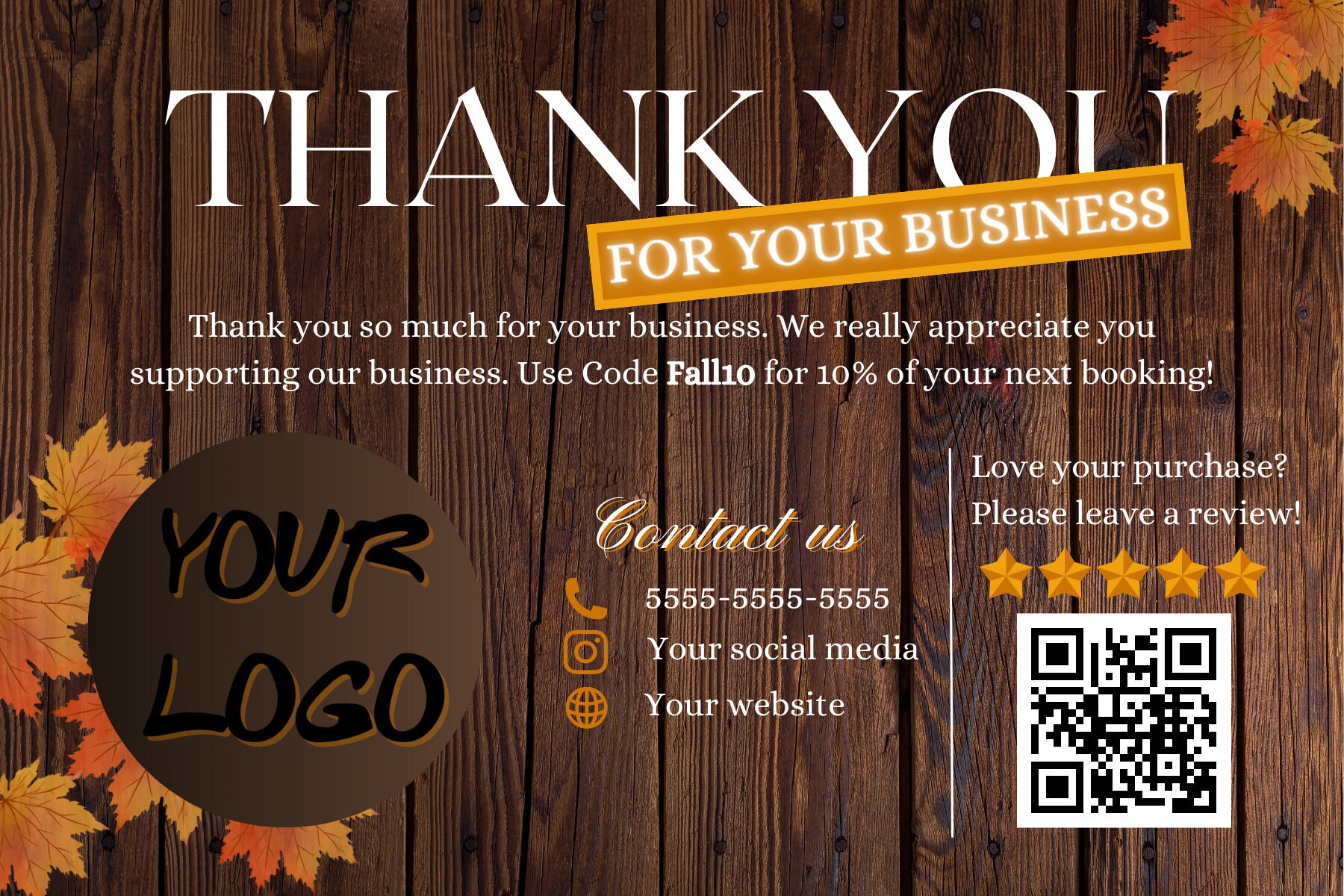Autumn Thank You Card Template DIY Autumn Fall Marketing Cards Hair ...