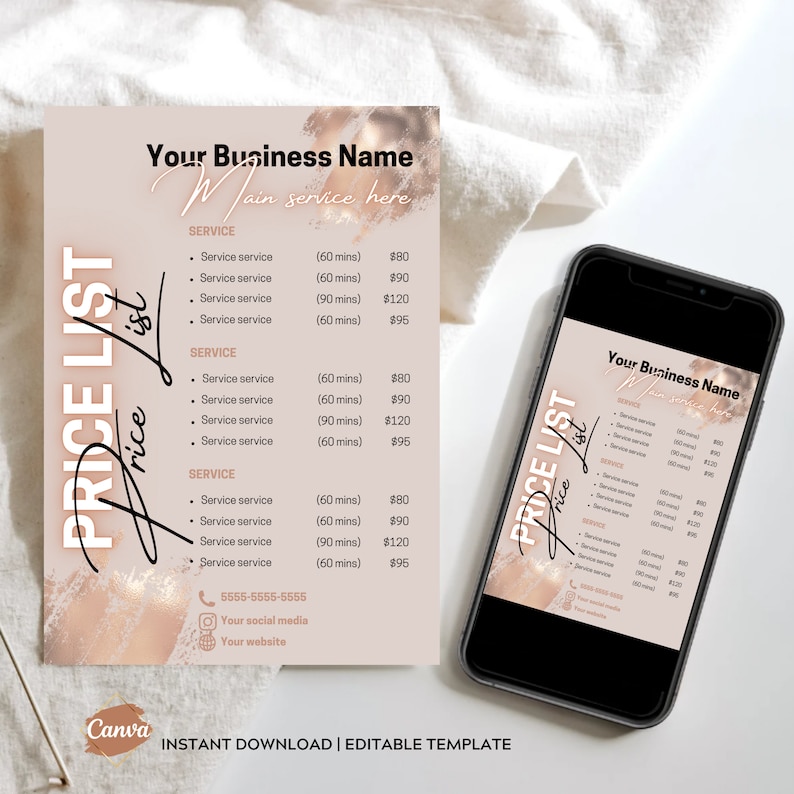 Rose Gold Price List DIY Flyer Template Design Hair Pricing Flyer ...