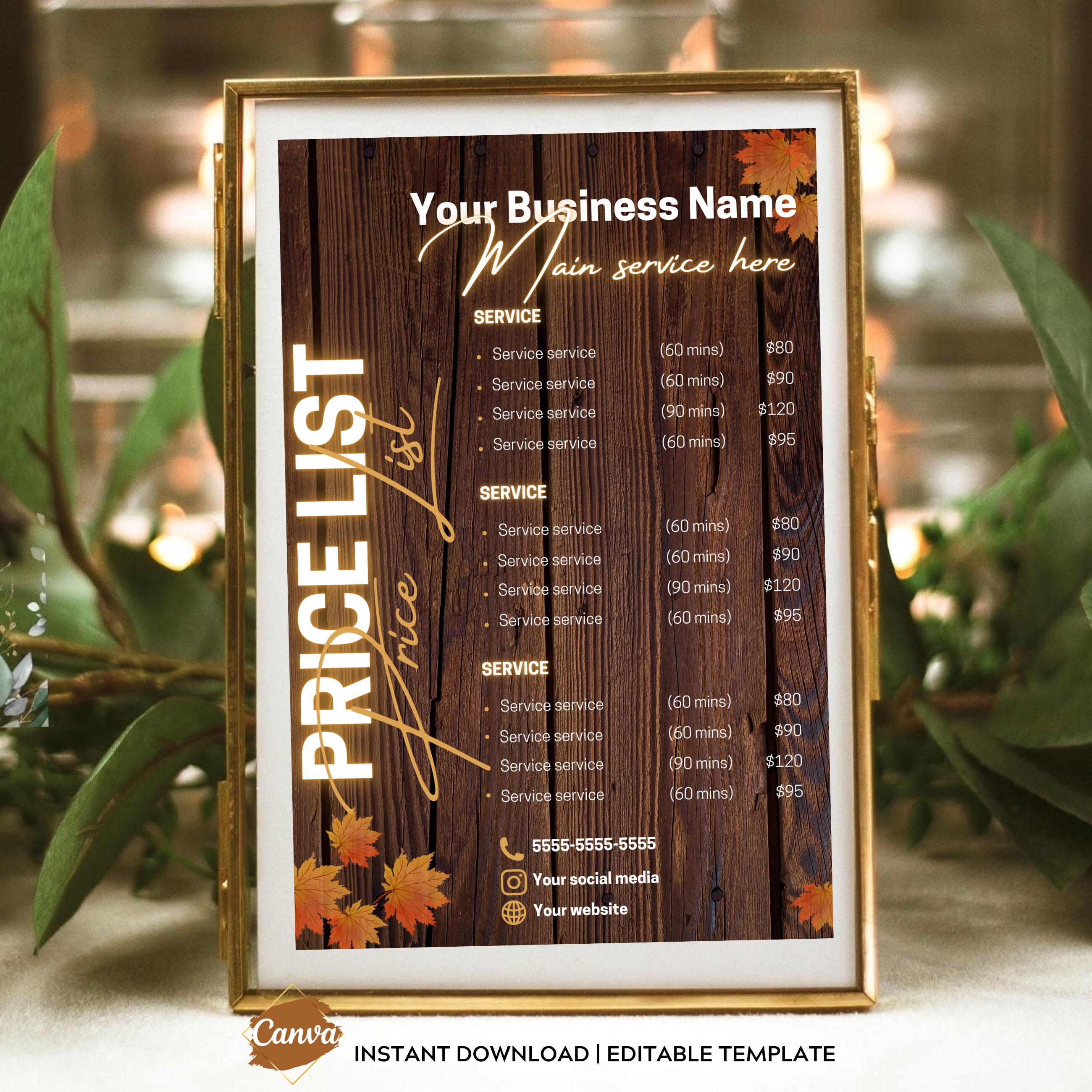 Fall Salon Price List Template, Autumn Leaves Design (canva Editable ...