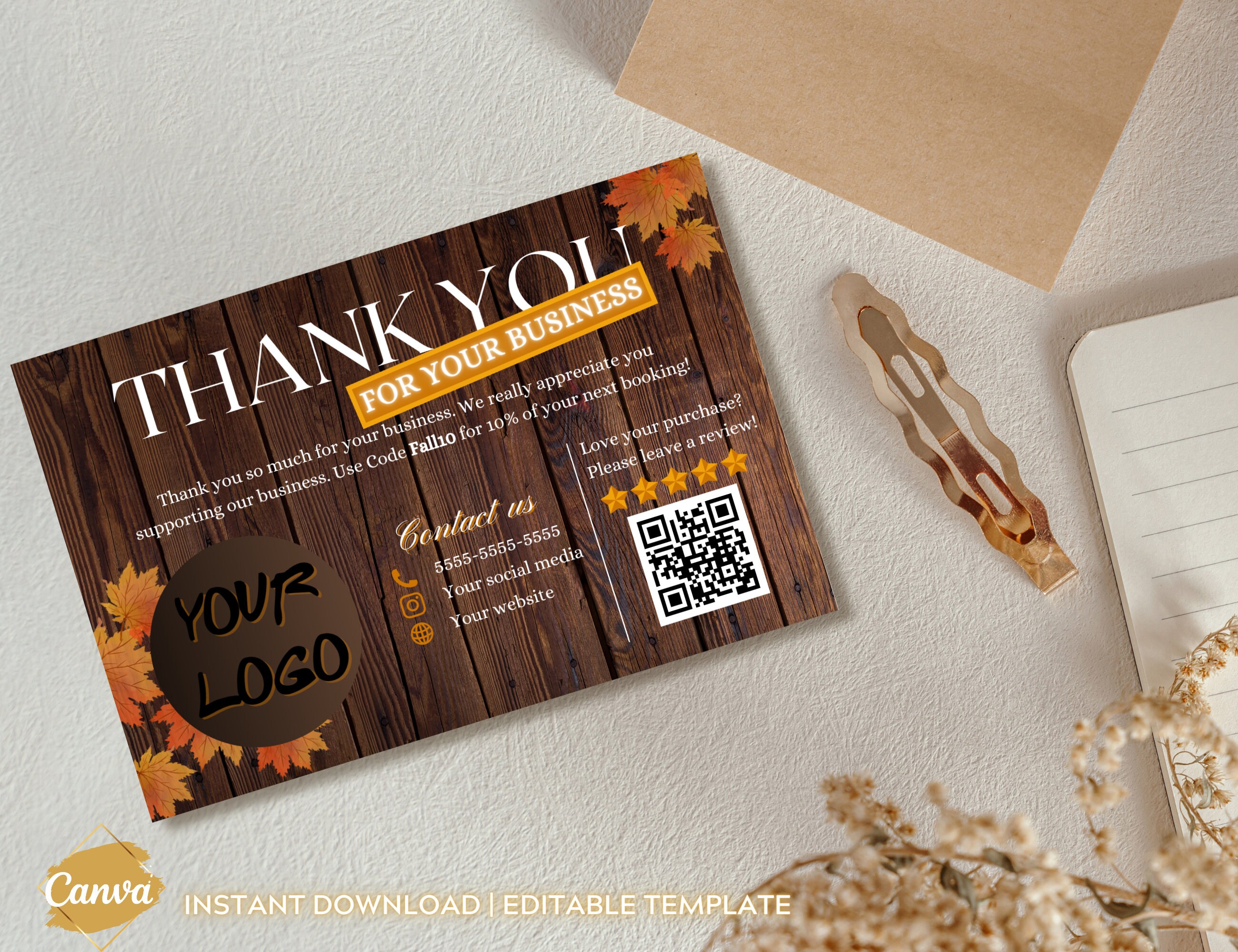 Autumn Thank You Card Template DIY Autumn Fall Marketing Cards Hair ...
