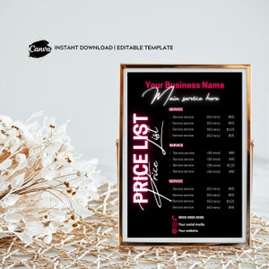 Pink Black Theme Canva Price List DIY Template Design Price Sheet Hair ...