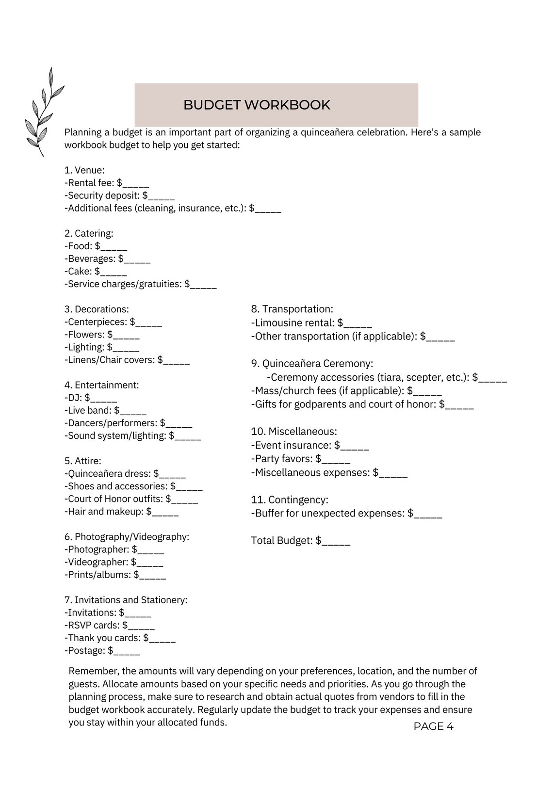 Quinceanera Planner Budget and Full Guide With Worksheets - Etsy