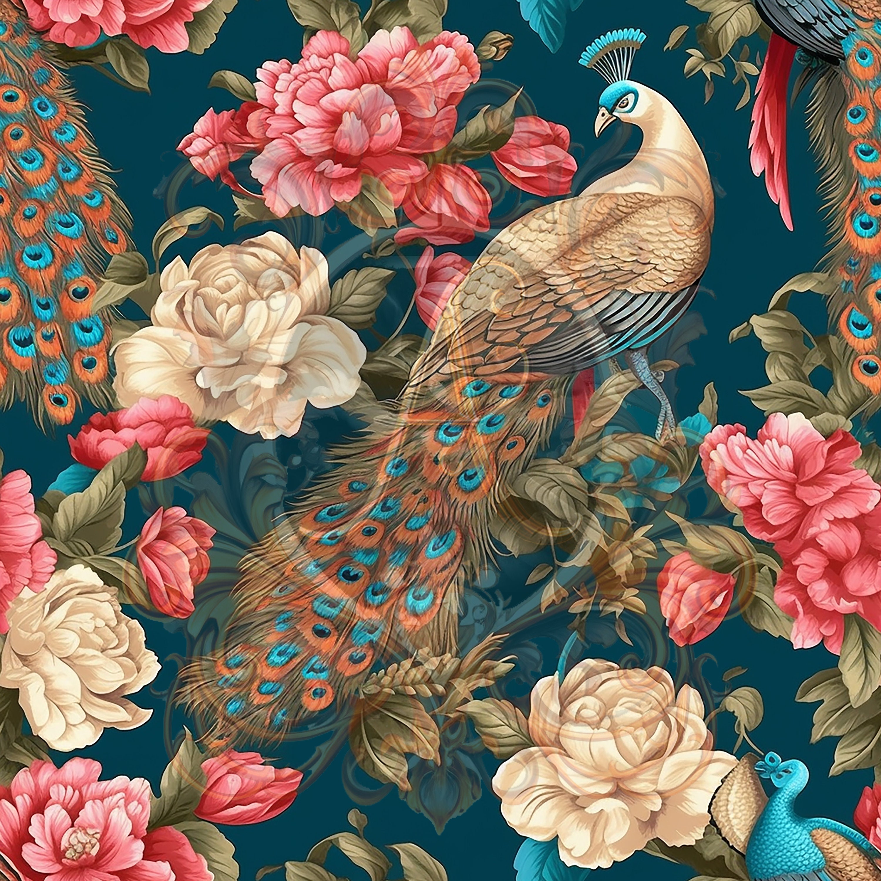 Peacocks and Flowers, Seamless Pattern, Backgrounds, Printable Digital ...
