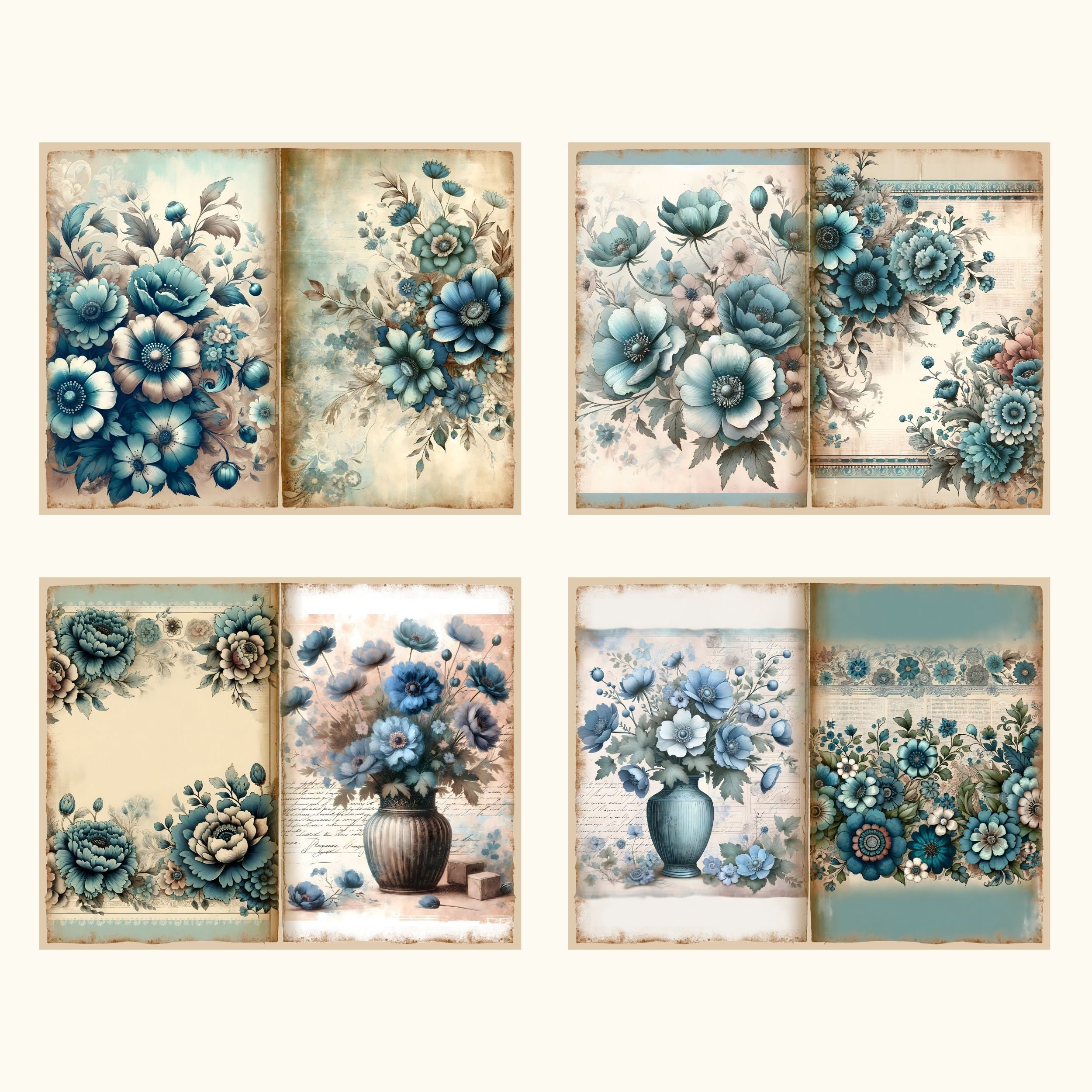 Floral Dusty Blue Junk Journal Kit Vintage Flowers Printable Paper Blue ...