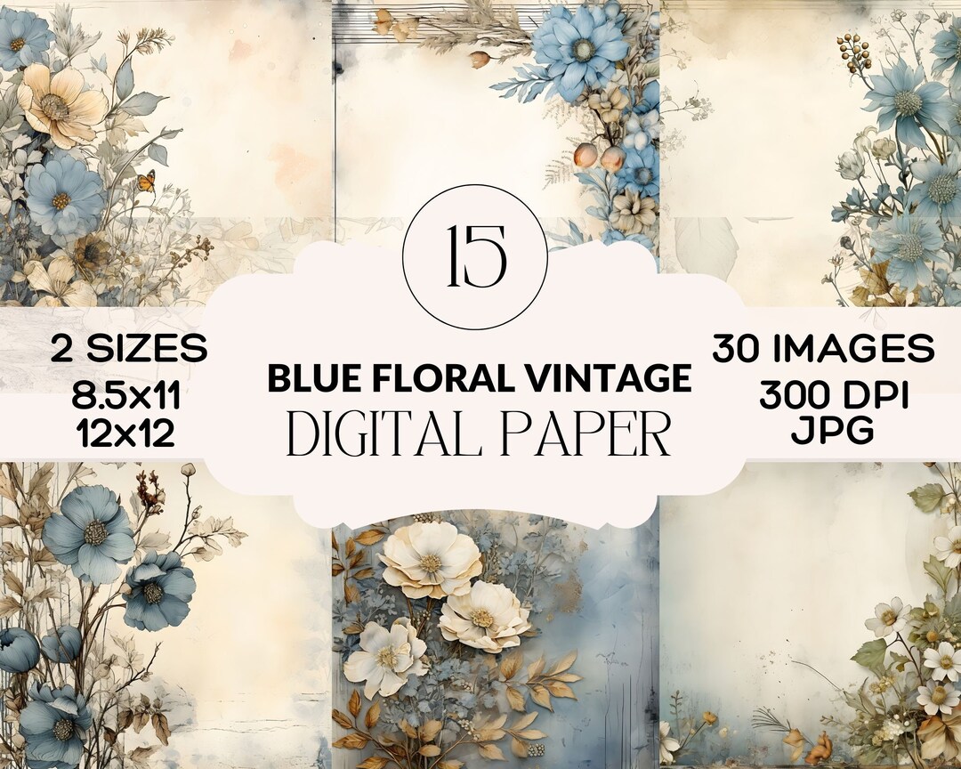 Blue Floral Watercolor Scrapbook Paper Digital Junk Journal Vintage ...