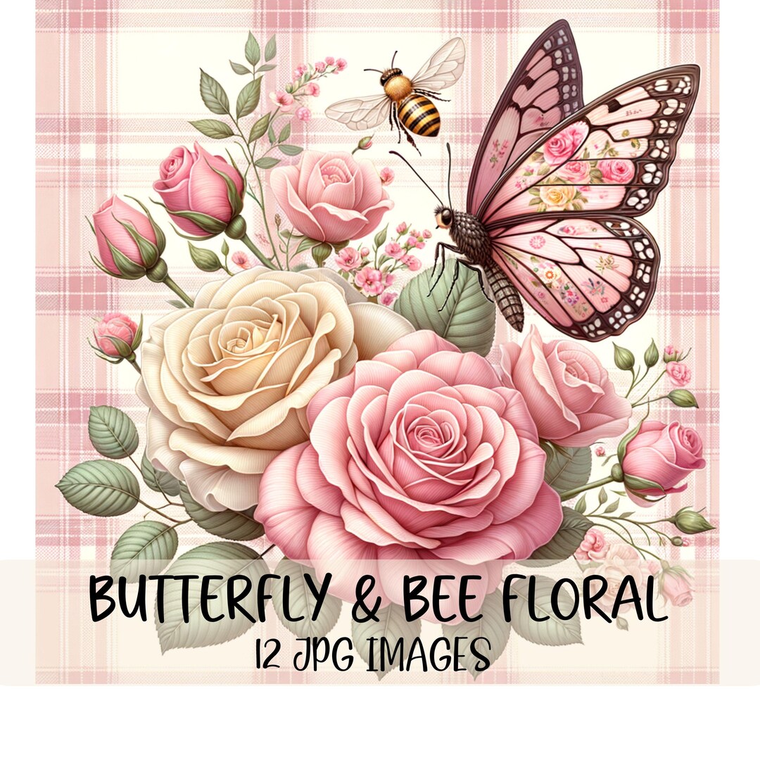 Bee Butterfly Floral Clipart JPG Image Gingham Background Digital ...