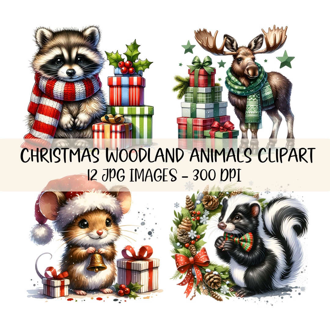 Christmas Woodland Animals JPG Images Watercolor Winter Wildlife ...