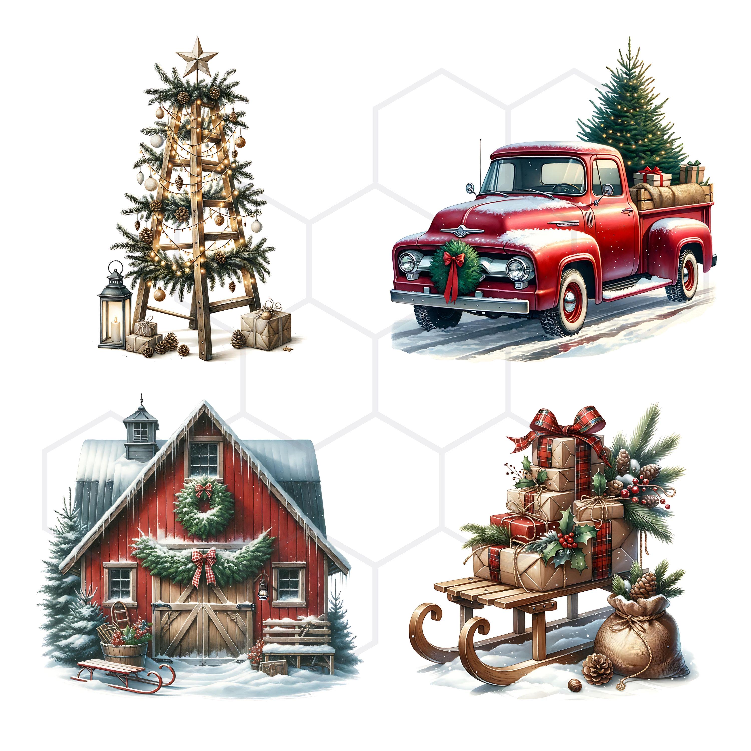 Watercolor Farmhouse Christmas Clipart: Rustic Holiday JPG Images ...