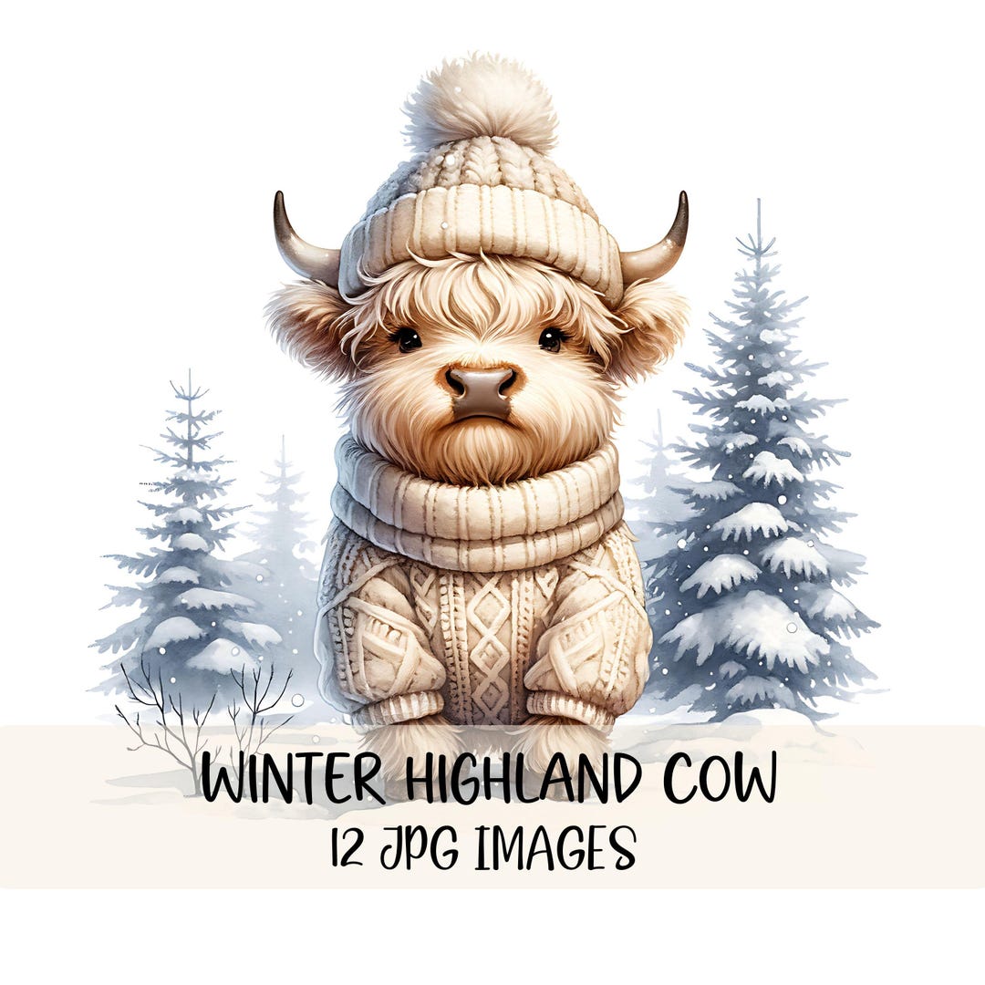 Winter Highland Cow Clipart Bundle Cute Highland Cow Design JPG Images ...