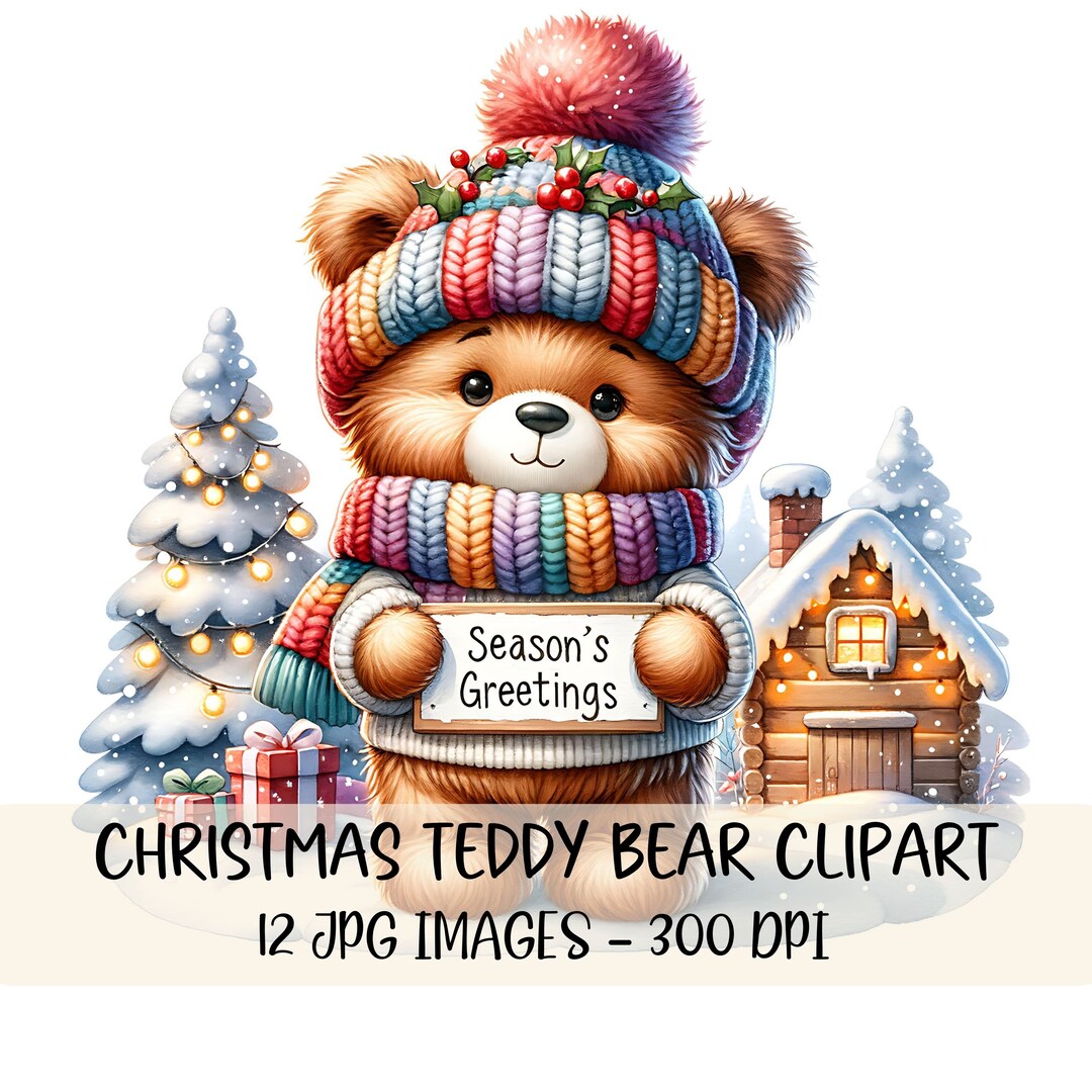 Christmas Teddy Bear Clipart Cute Holiday Bear Watercolor Illustration ...