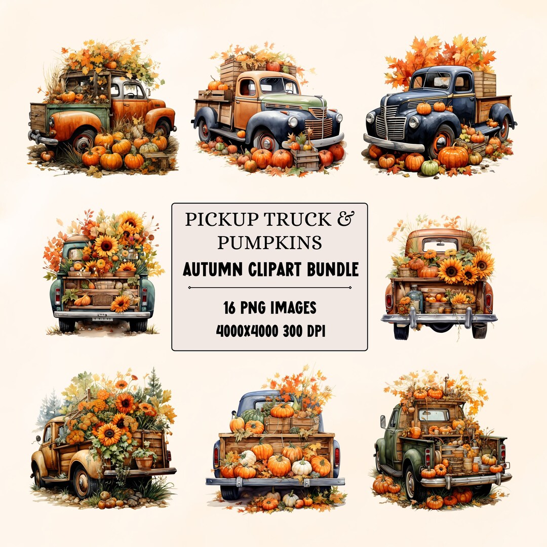 Watercolor Pickup Truck and Pumpkins Clipart Autumn Scenery ...