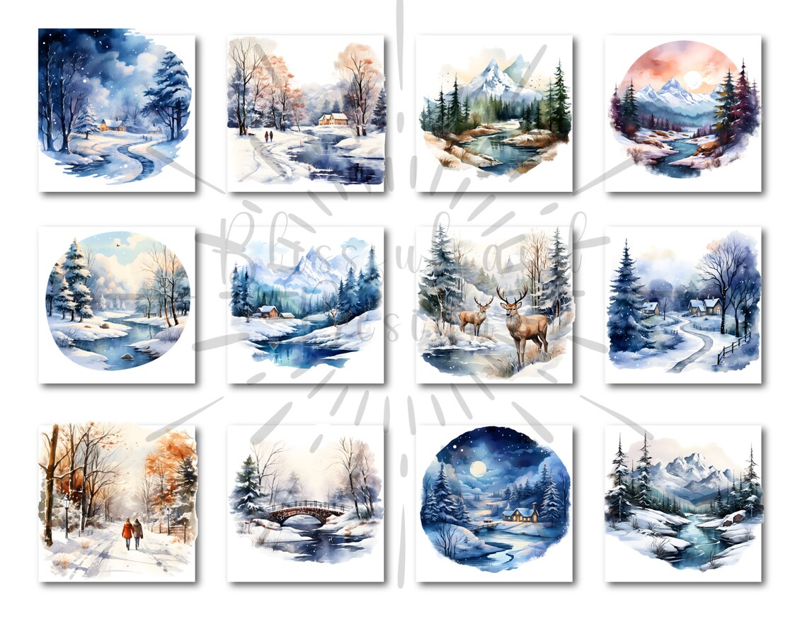 Watercolor Winter Clipart Snowy Forest Landscape Background Clipart ...