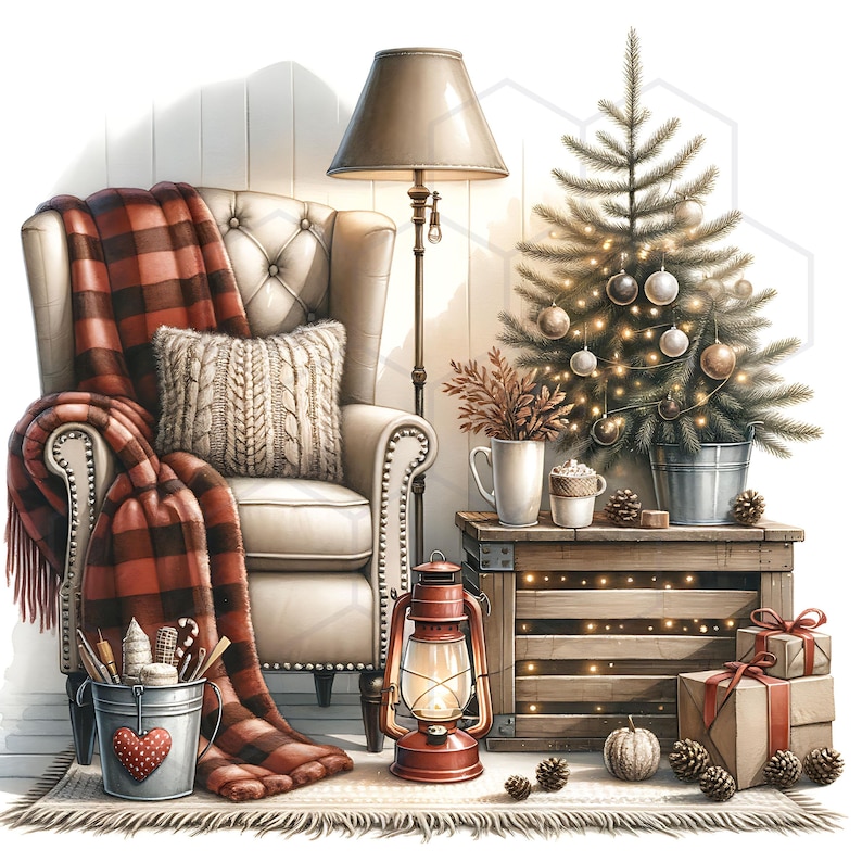 Watercolor Farmhouse Christmas Clipart: Rustic Holiday JPG Images ...