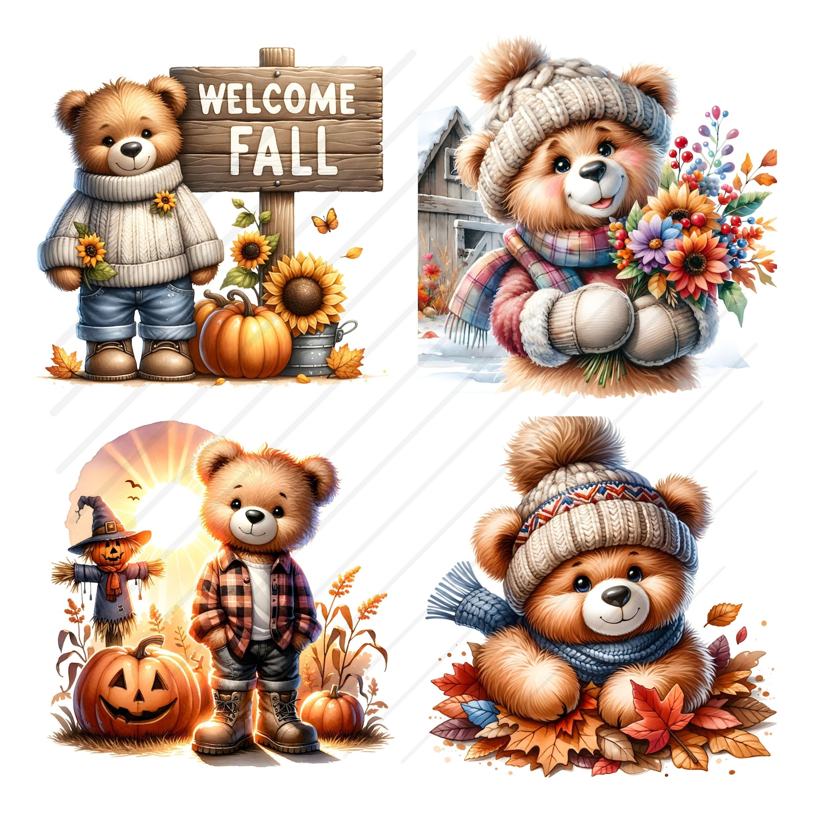 Fall Teddy Bear Clipart Cute Teddy Bear Autumn Art JPG Image ...