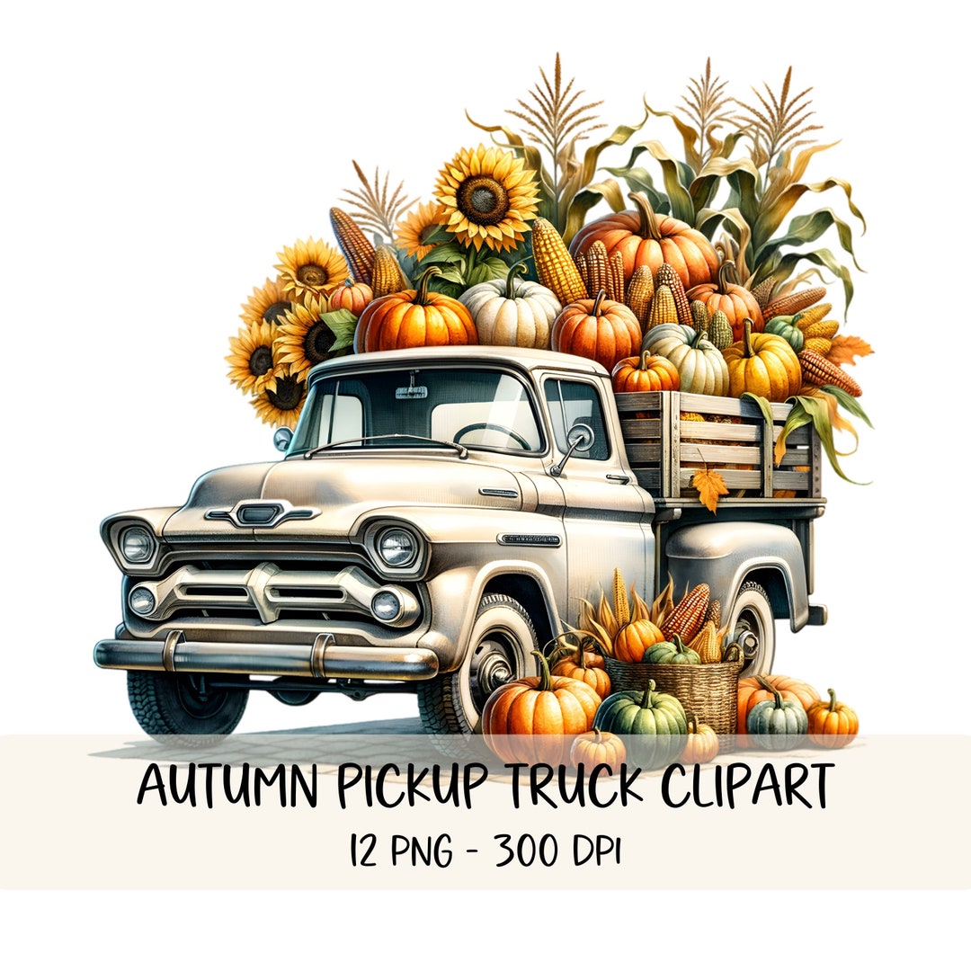 Watercolor Pickup Truck and Pumpkins Clipart Autumn Scenery ...