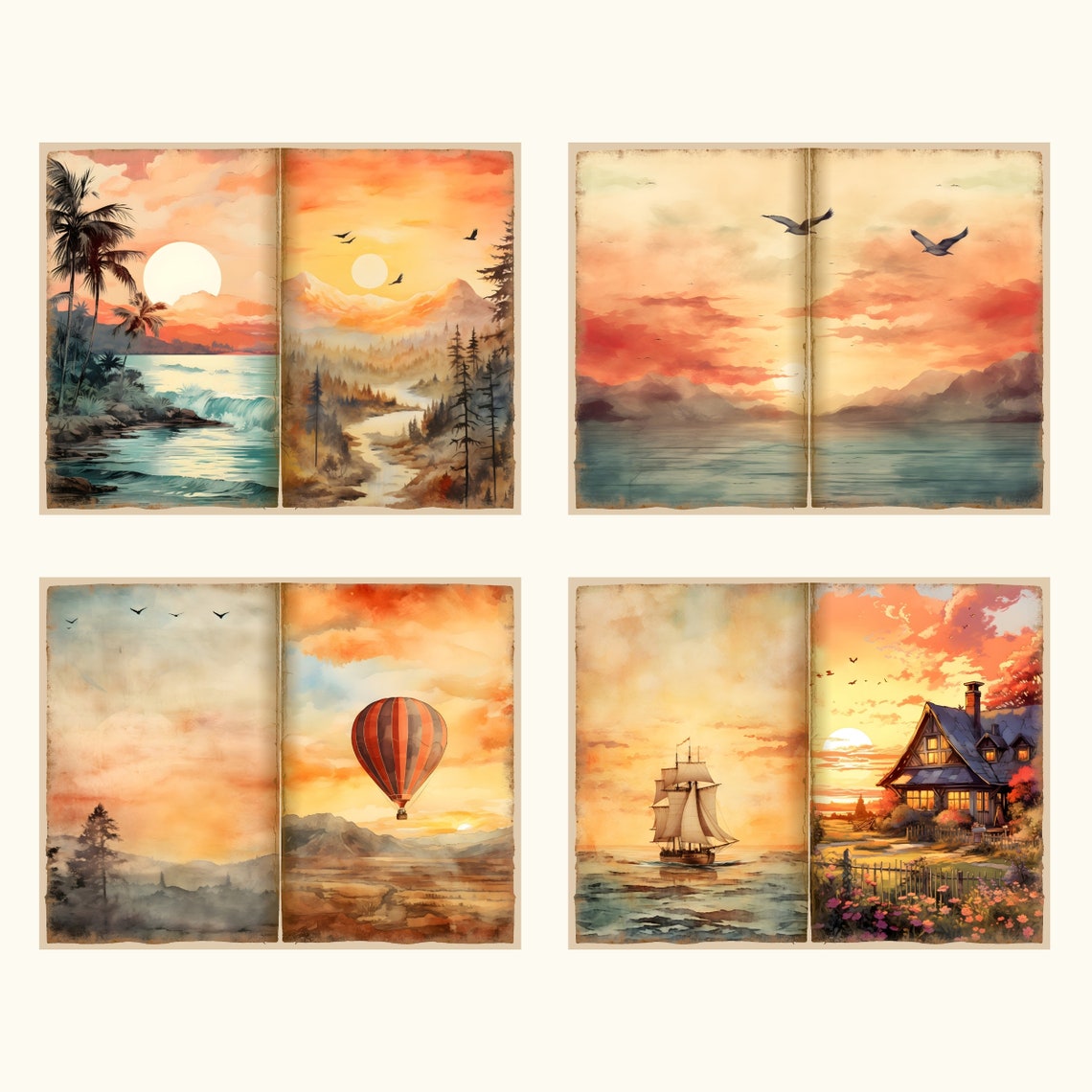 Watercolor Sunset Junk Journal Pages Printable Background Sunset ...