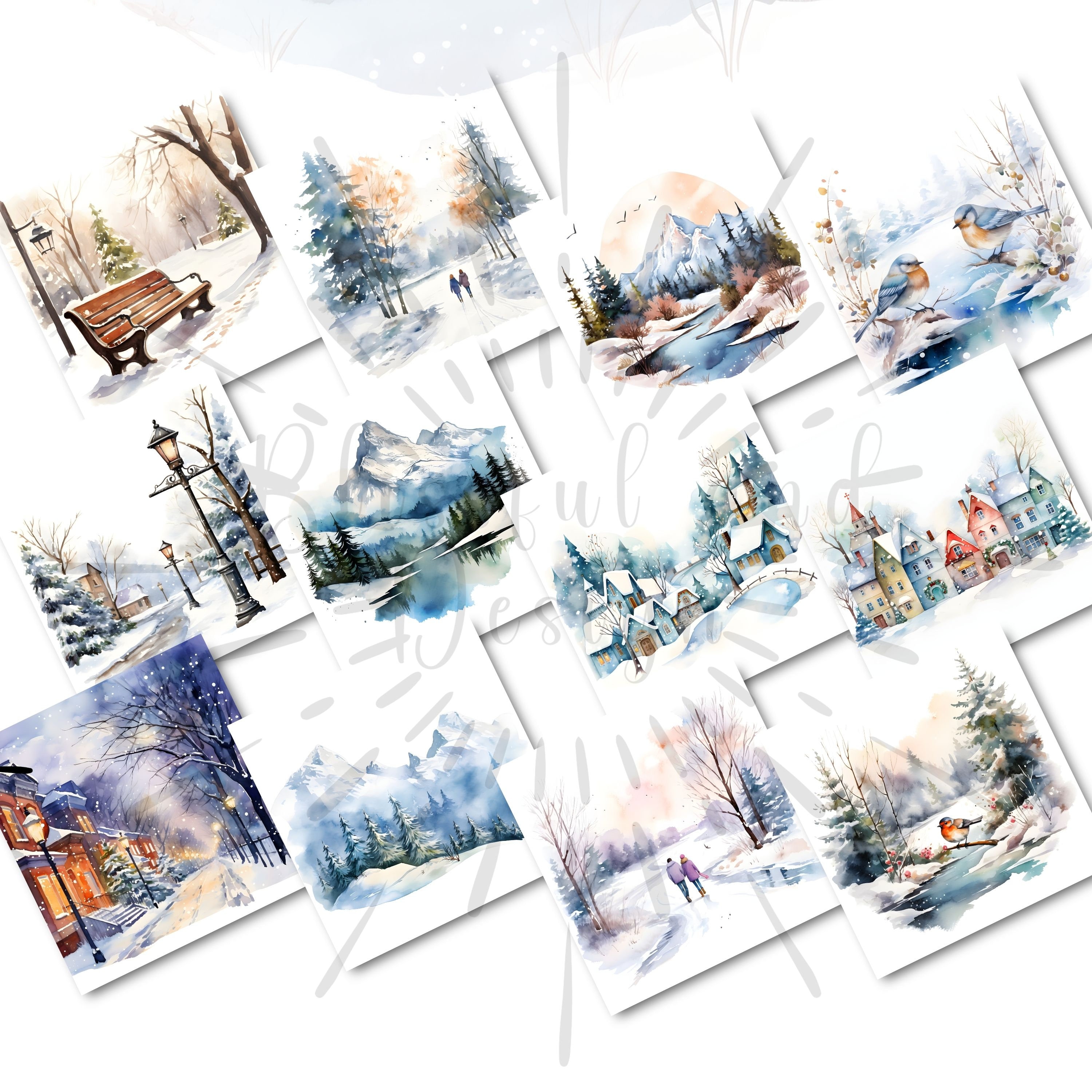 Winter Wonderland Watercolor Clipart Winter Scene JPG Image Winter ...