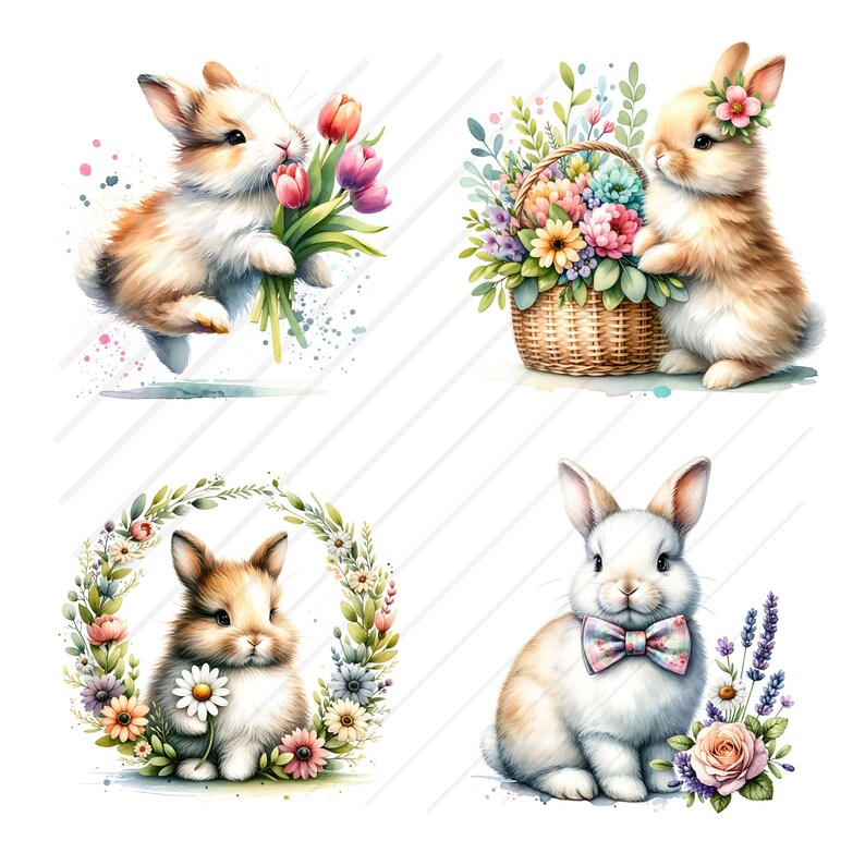 Bunny With Flowers Clipart Cute Bunny Clipart JPG Image Floral Rabbit ...