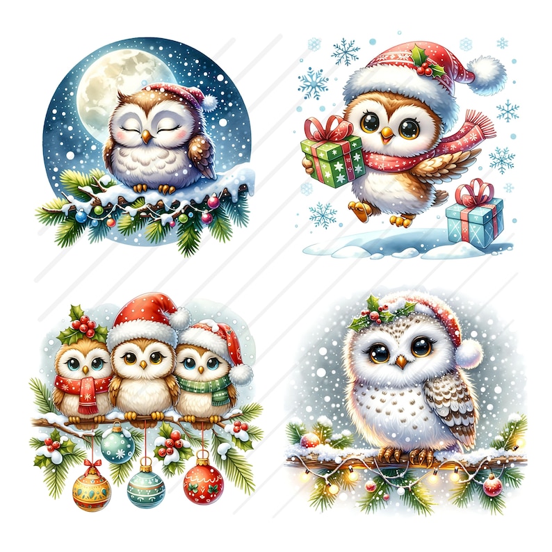 Christmas Owl Clipart Cute Winter Owl Art Festive Animal Clipart ...