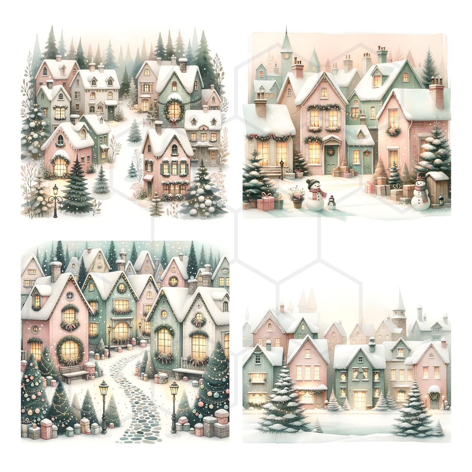 Pink Christmas Village Clipart: Watercolor Winter Scene Graphics (JPG ...