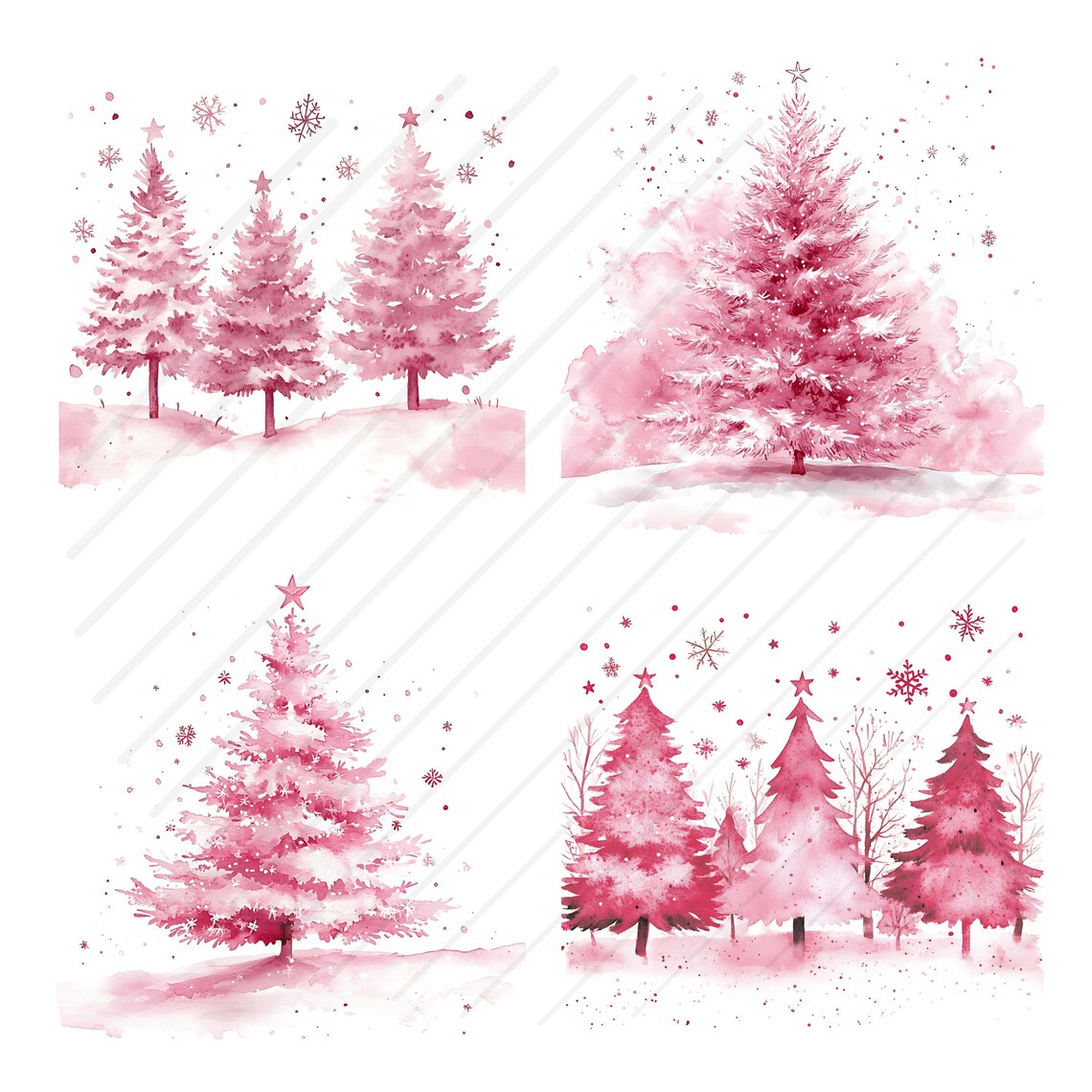Pink Christmas Pine Tree Clipart: Watercolor Winter Landscape (JPG ...