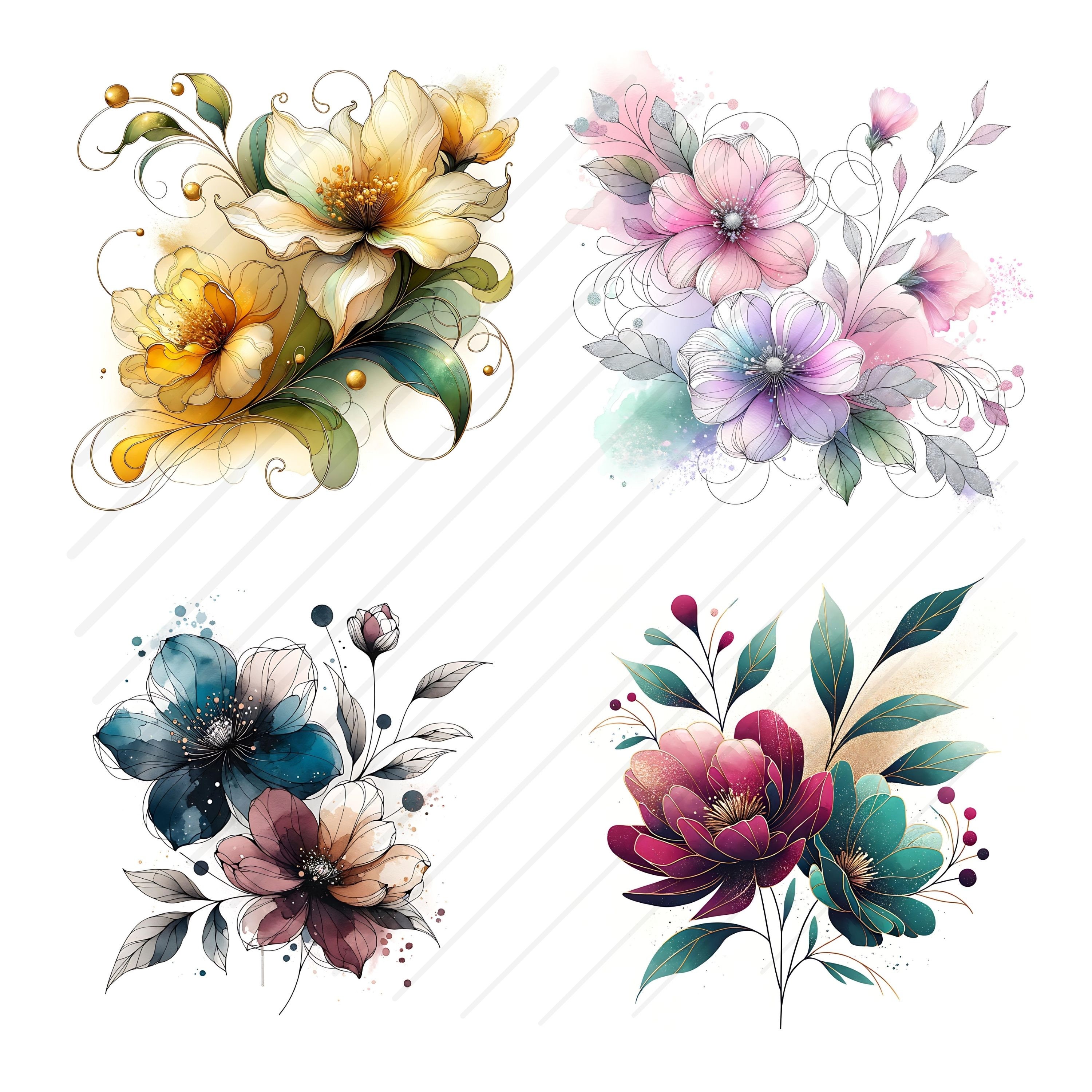 Abstract Flower Clipart Bundle Watercolor Printable Graphics Floral ...