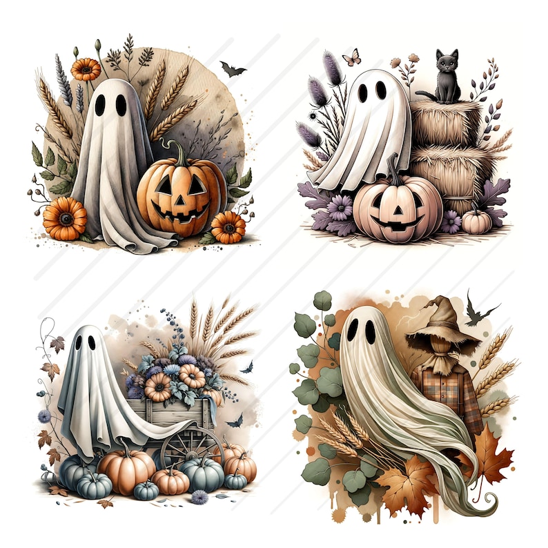 Watercolor Fall Ghost Clipart Bundle Halloween Graphics JPG Images Fall ...