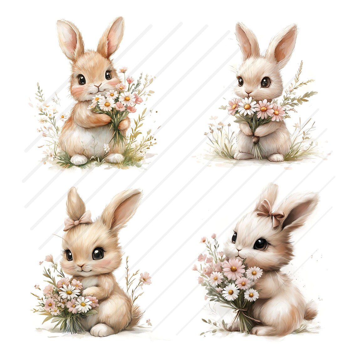 Bunny With Flowers Clipart Cute Bunny Clipart JPG Image Floral Rabbit ...