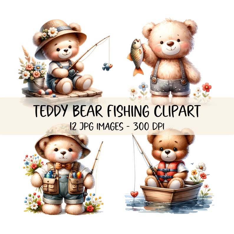 Fishing Teddy Bear Watercolor Clipart Bundle Cute Bear Clipart JPG ...