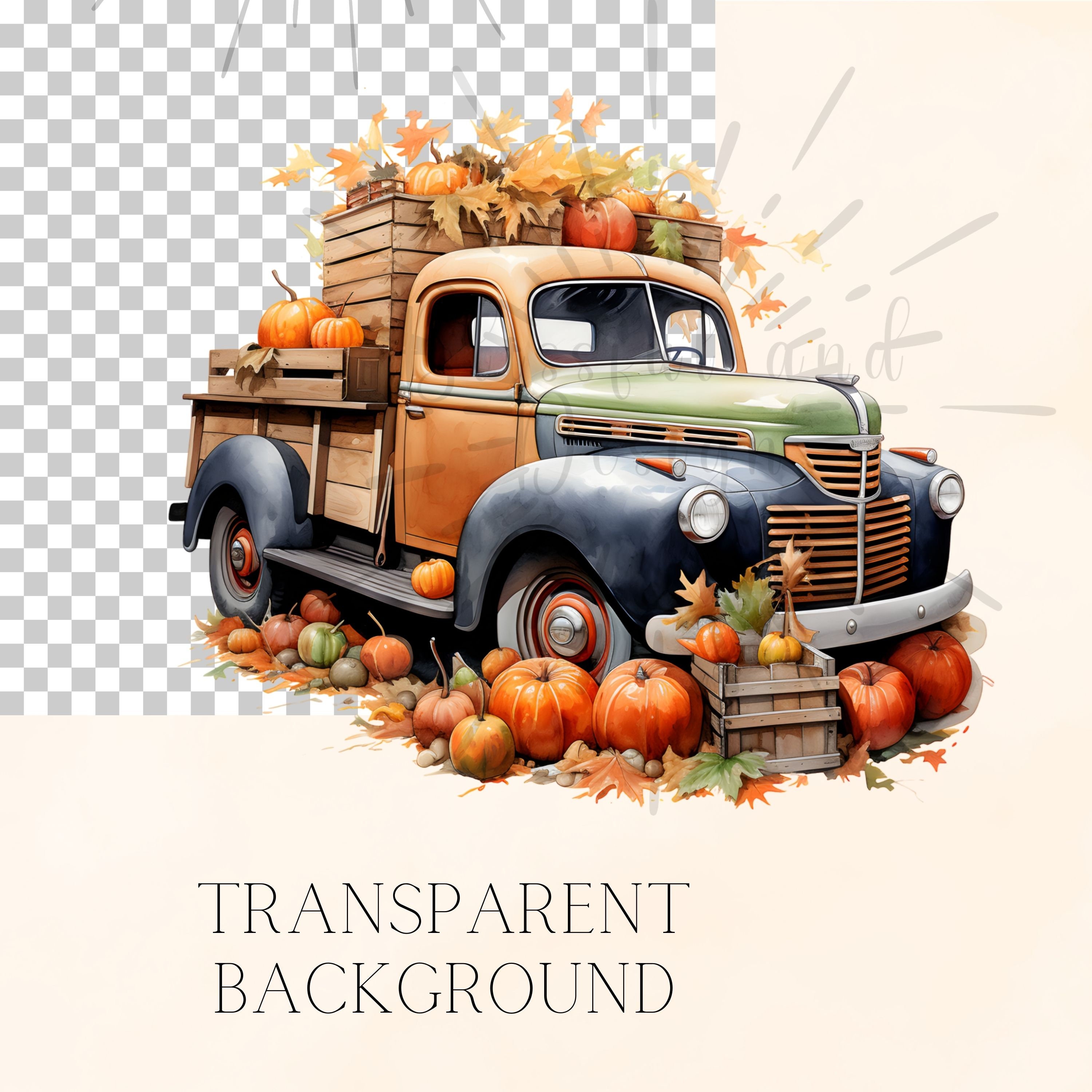 Watercolor Pickup Truck and Pumpkins Clipart Autumn Scenery ...