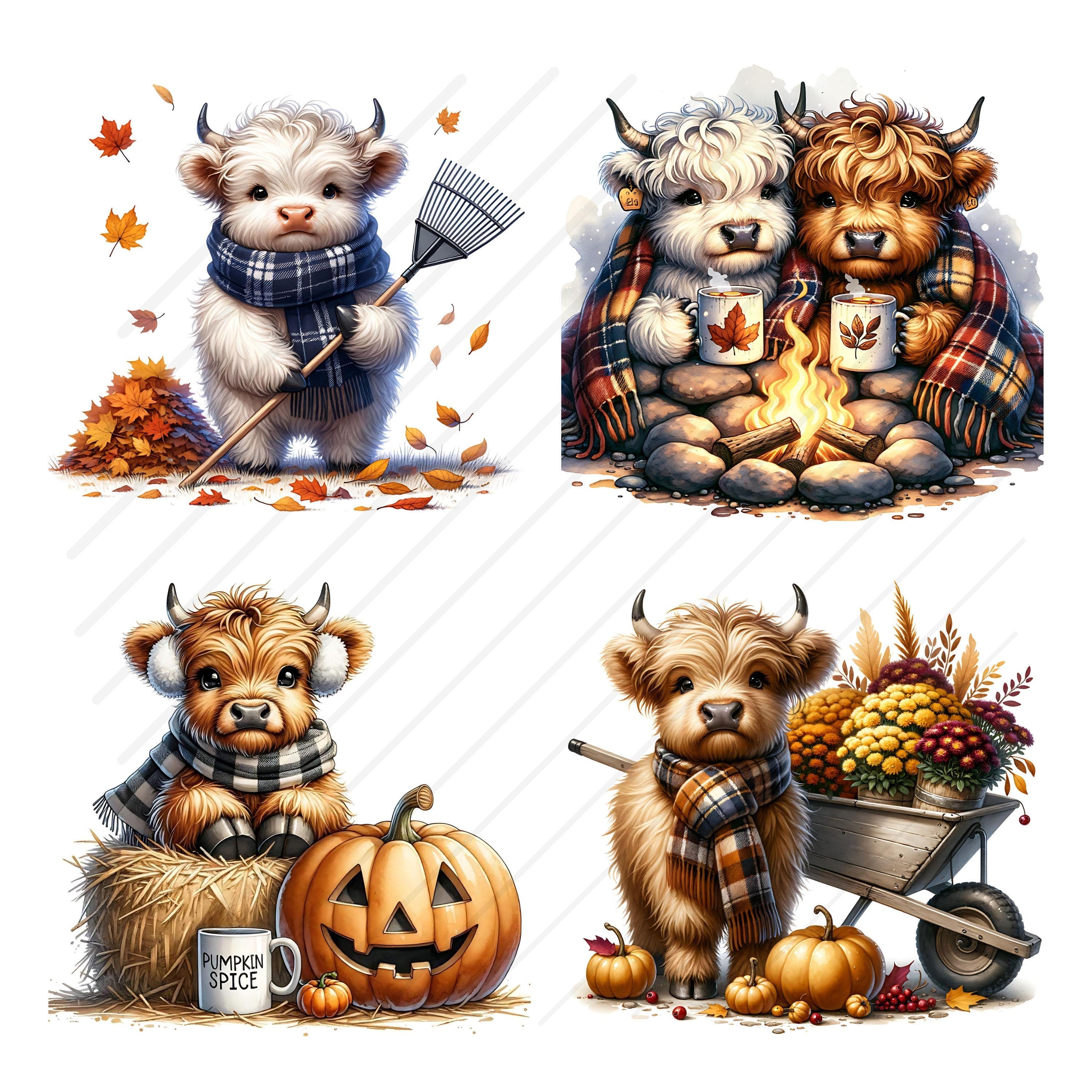 Fall Highland Cow Clipart Bundle: Watercolor Autumn Designs (digital ...