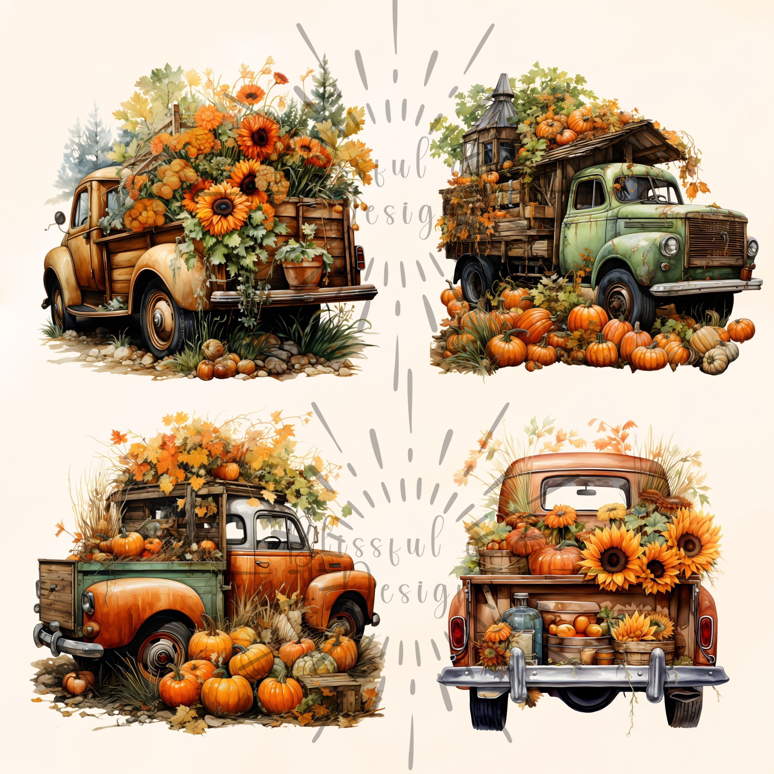 Watercolor Pickup Truck and Pumpkins Clipart Autumn Scenery ...