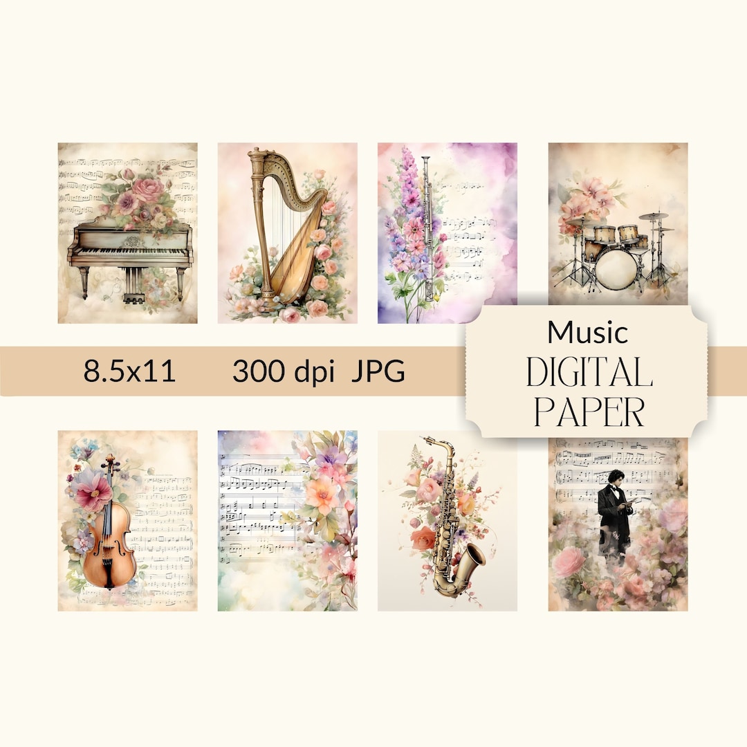 Musical Junk Journal Pages Watercolor Vintage Music Instruments Digital ...