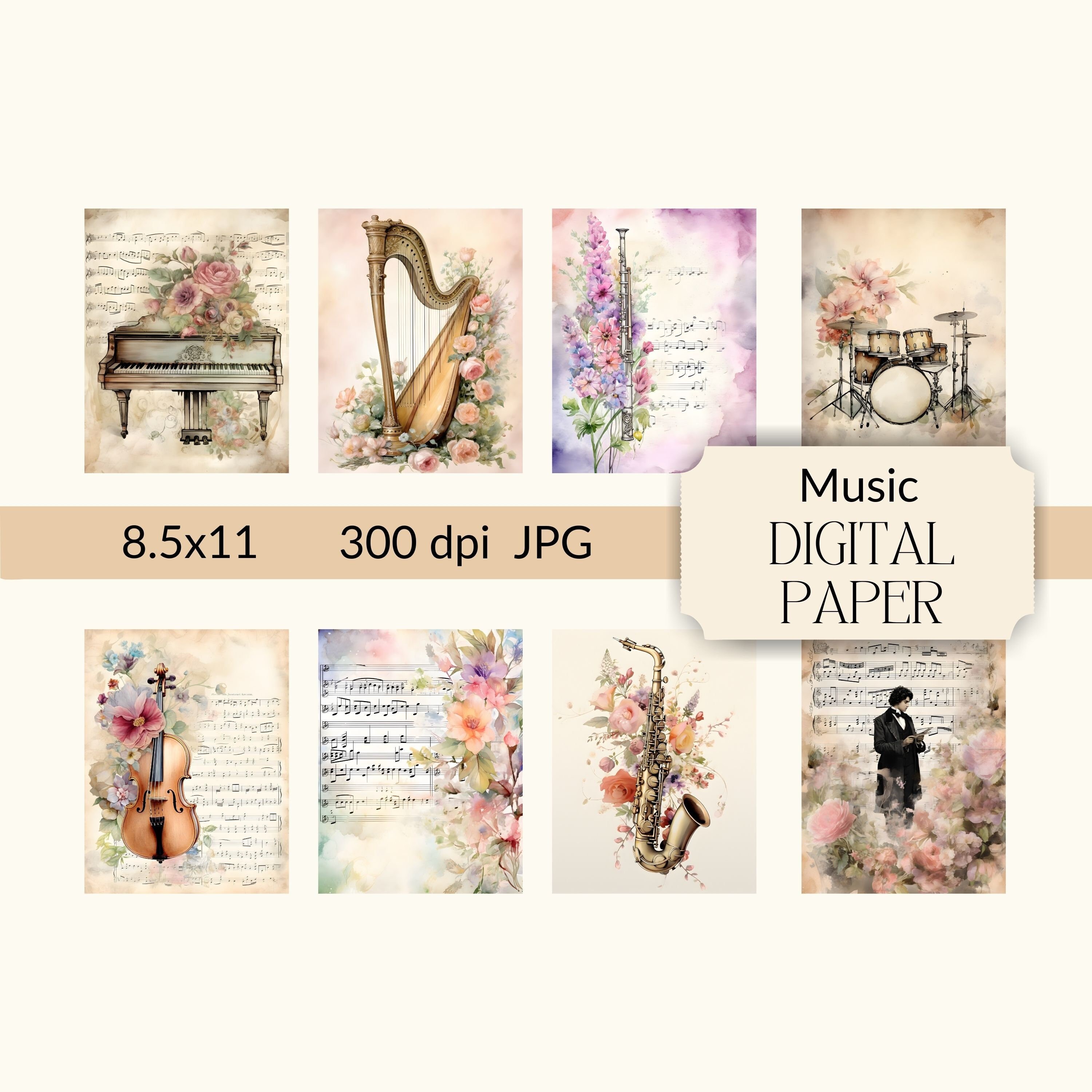 Musical Junk Journal Pages Watercolor Vintage Music Instruments Digital ...