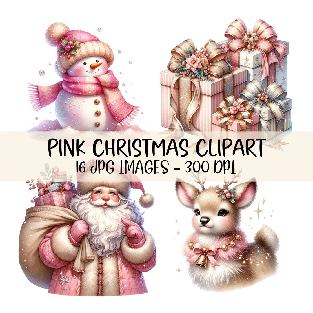 Pink Christmas Clipart Bundle JPG Images Pastel Holiday Aesthetic Cute ...
