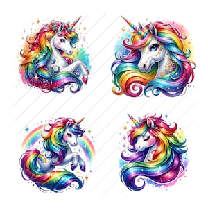 Cute Rainbow Unicorn Clipart Bundle JPG Images Watercolor Unicorn ...