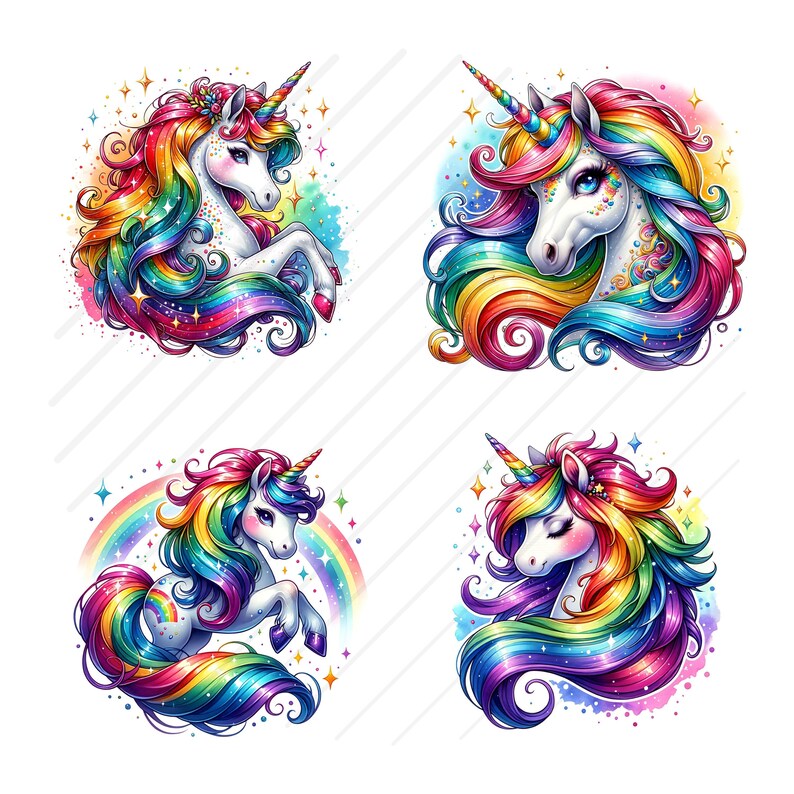 Cute Rainbow Unicorn Clipart Bundle JPG Images Watercolor Unicorn ...