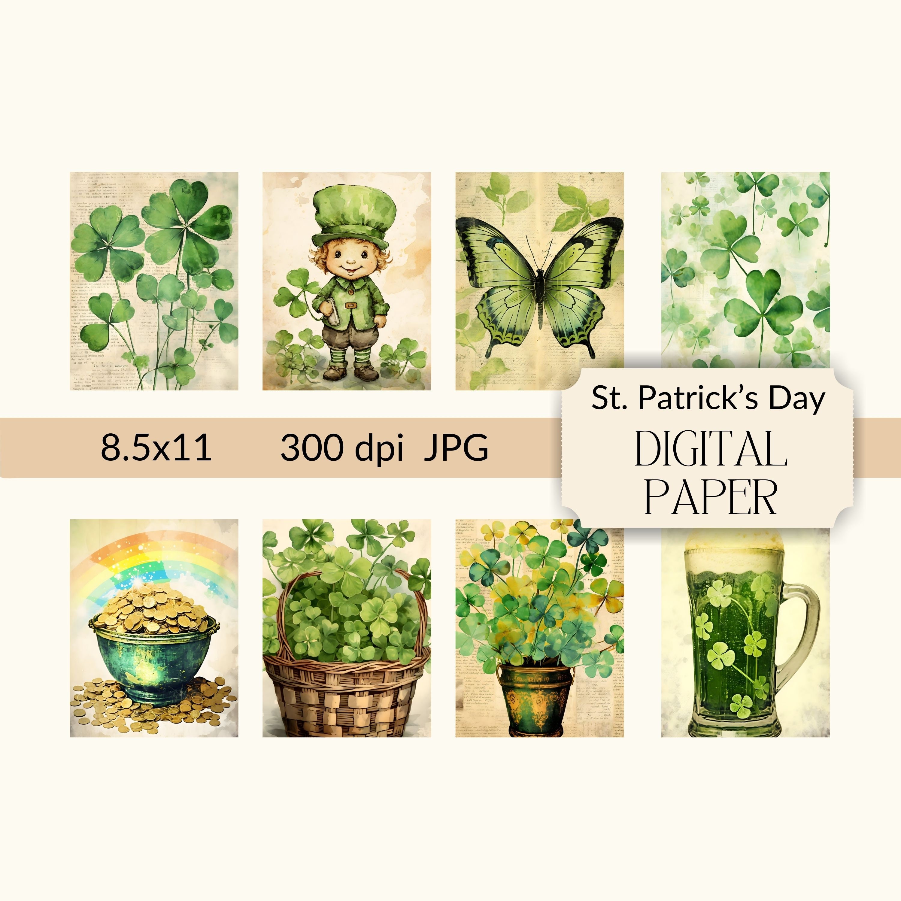 St Patrick's Day Scrapbook Paper Junk Journal Pages Watercolor Shamrock ...