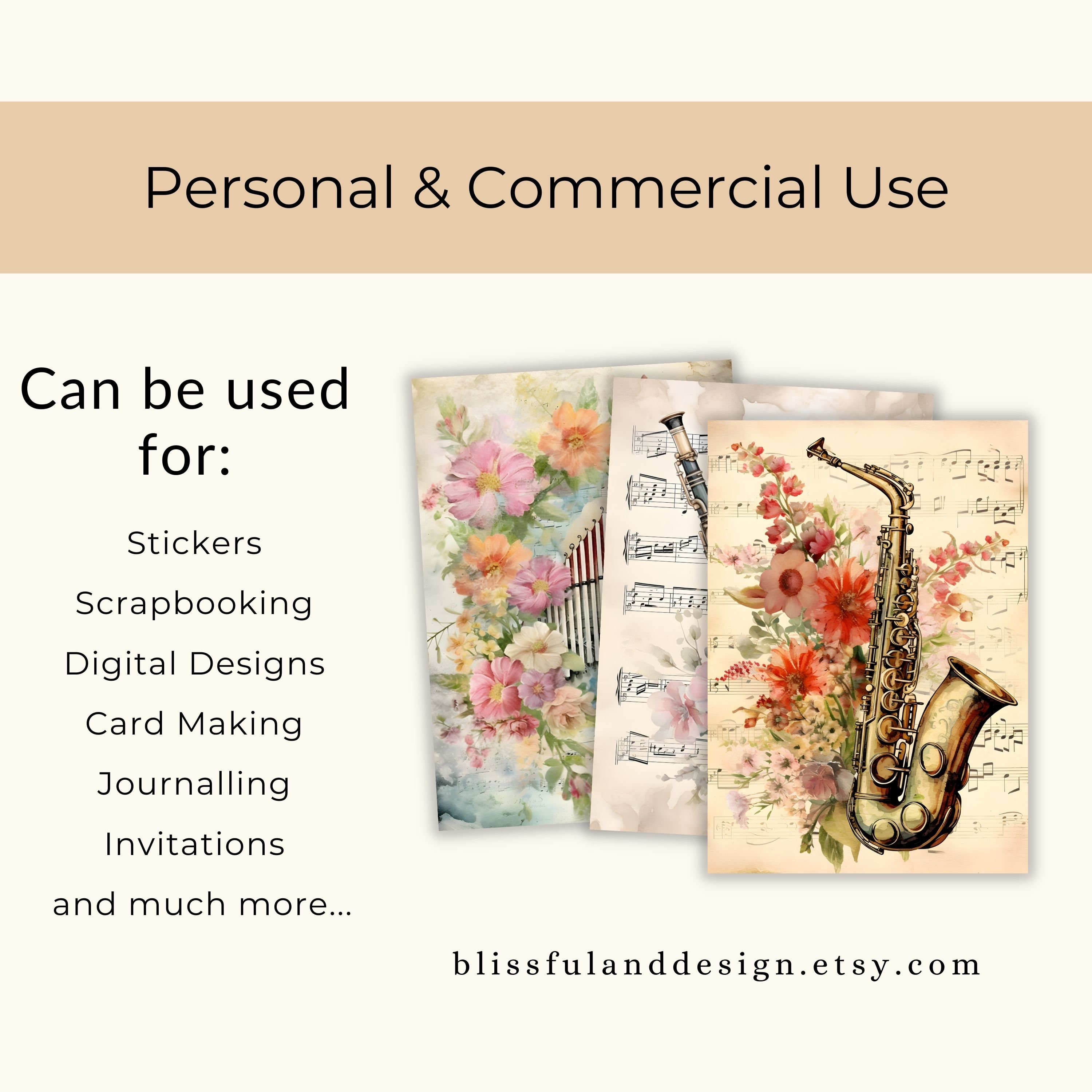 Musical Junk Journal Pages Watercolor Vintage Music Instruments Digital ...