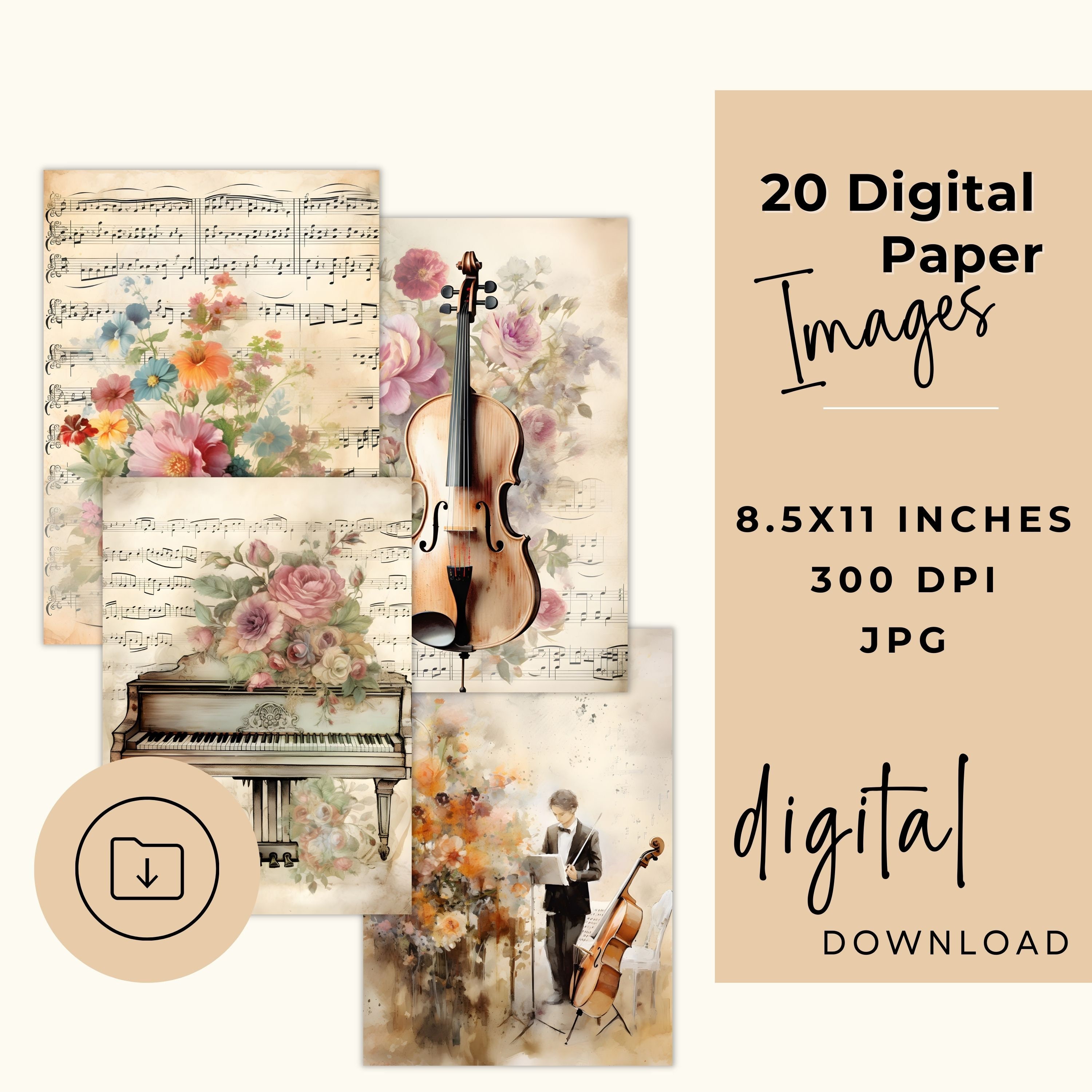 Musical Junk Journal Pages Watercolor Vintage Music Instruments Digital ...