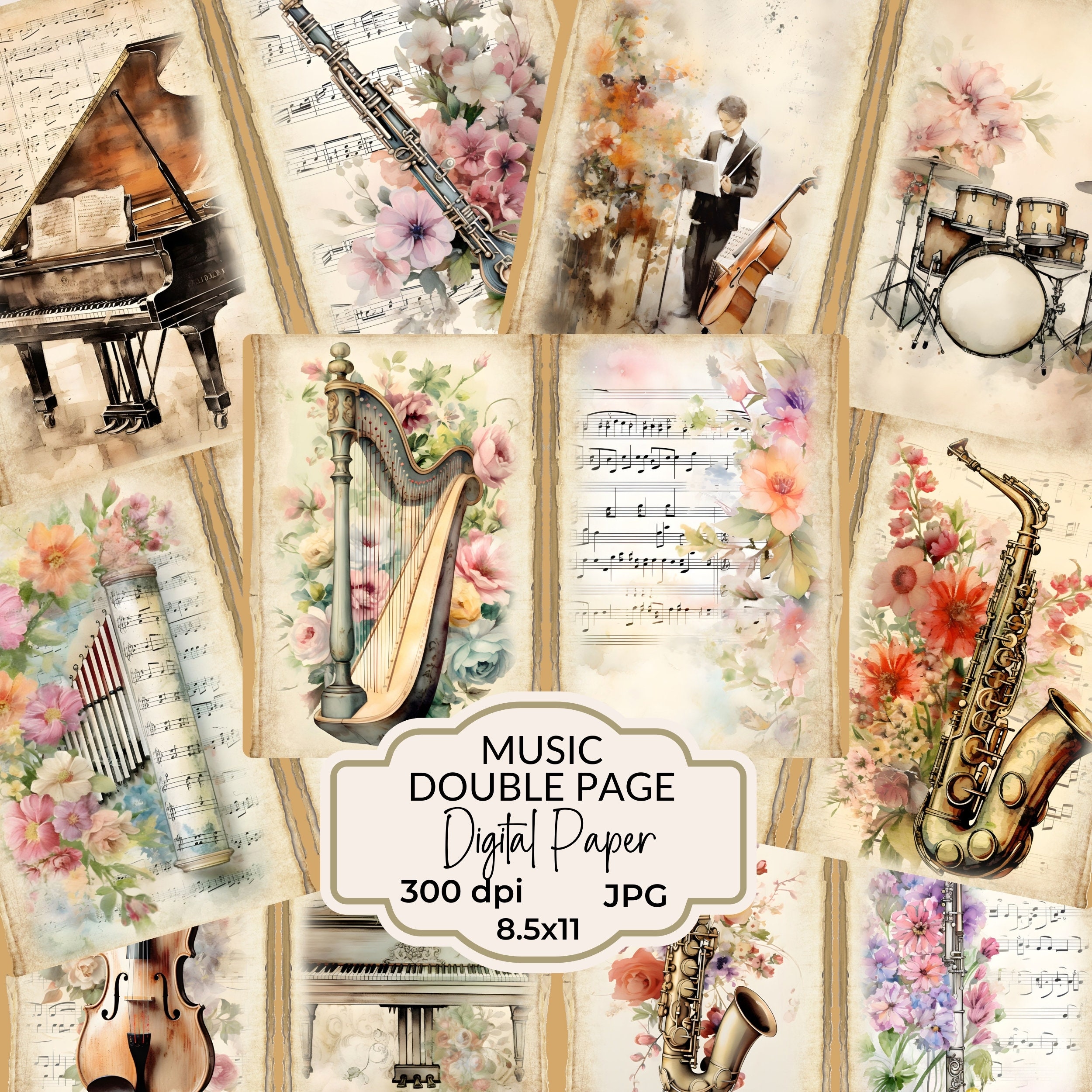 Musical Sheet Junk Journal Kit Pages Watercolor Vintage Music ...