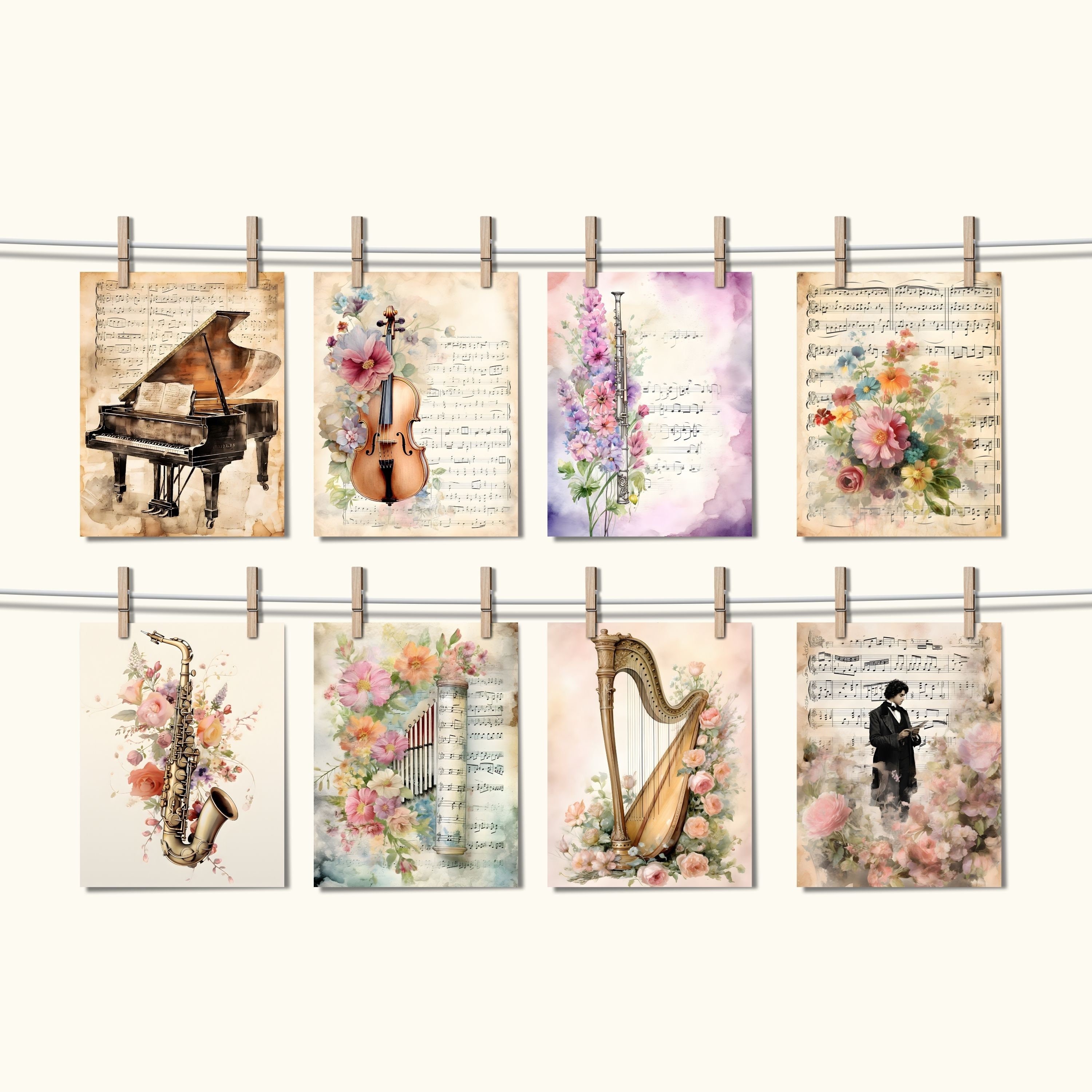 Musical Junk Journal Pages Watercolor Vintage Music Instruments Digital ...