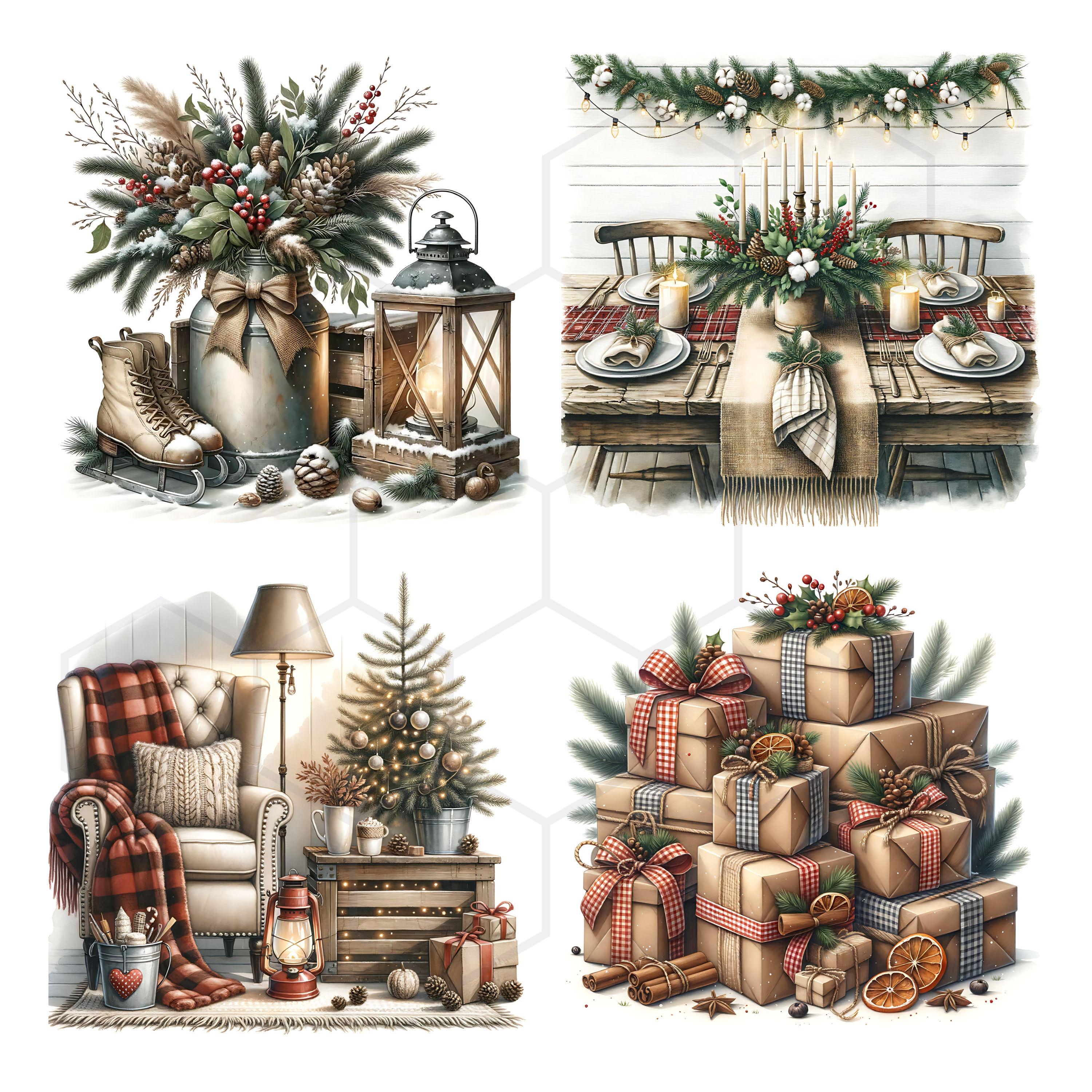 Watercolor Farmhouse Christmas Clipart: Rustic Holiday JPG Images ...