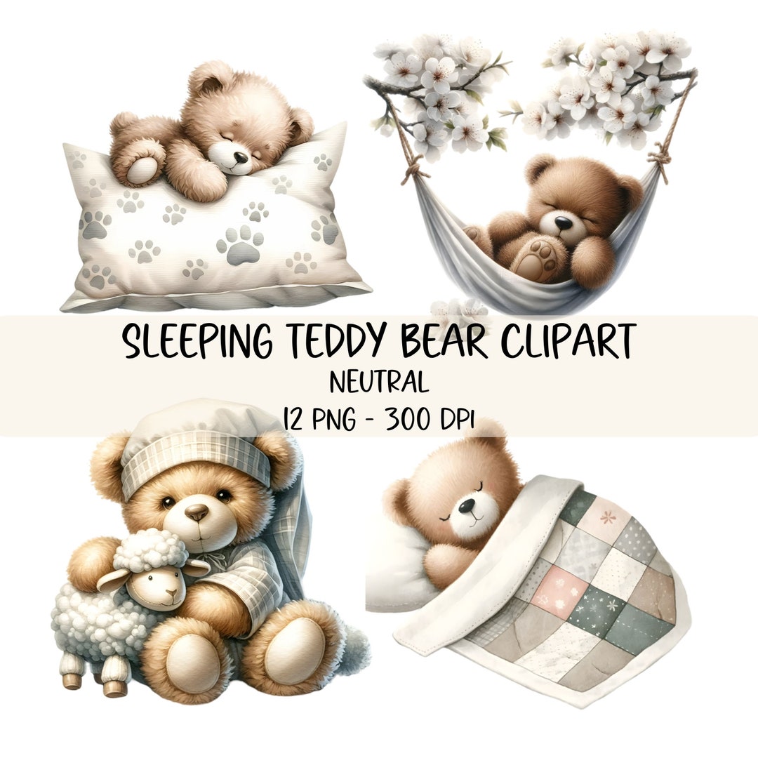 Cute Watercolor Teddy Bear Clipart Bundle Sleeping Teddybear Clipart ...