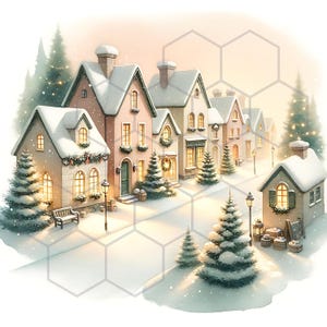 Pink Christmas Village Clipart: Watercolor Winter Scene Graphics (JPG ...