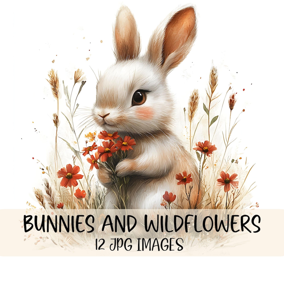 Bunny With Flowers Clipart Bundle JPG Images Watercolor Wildflower ...