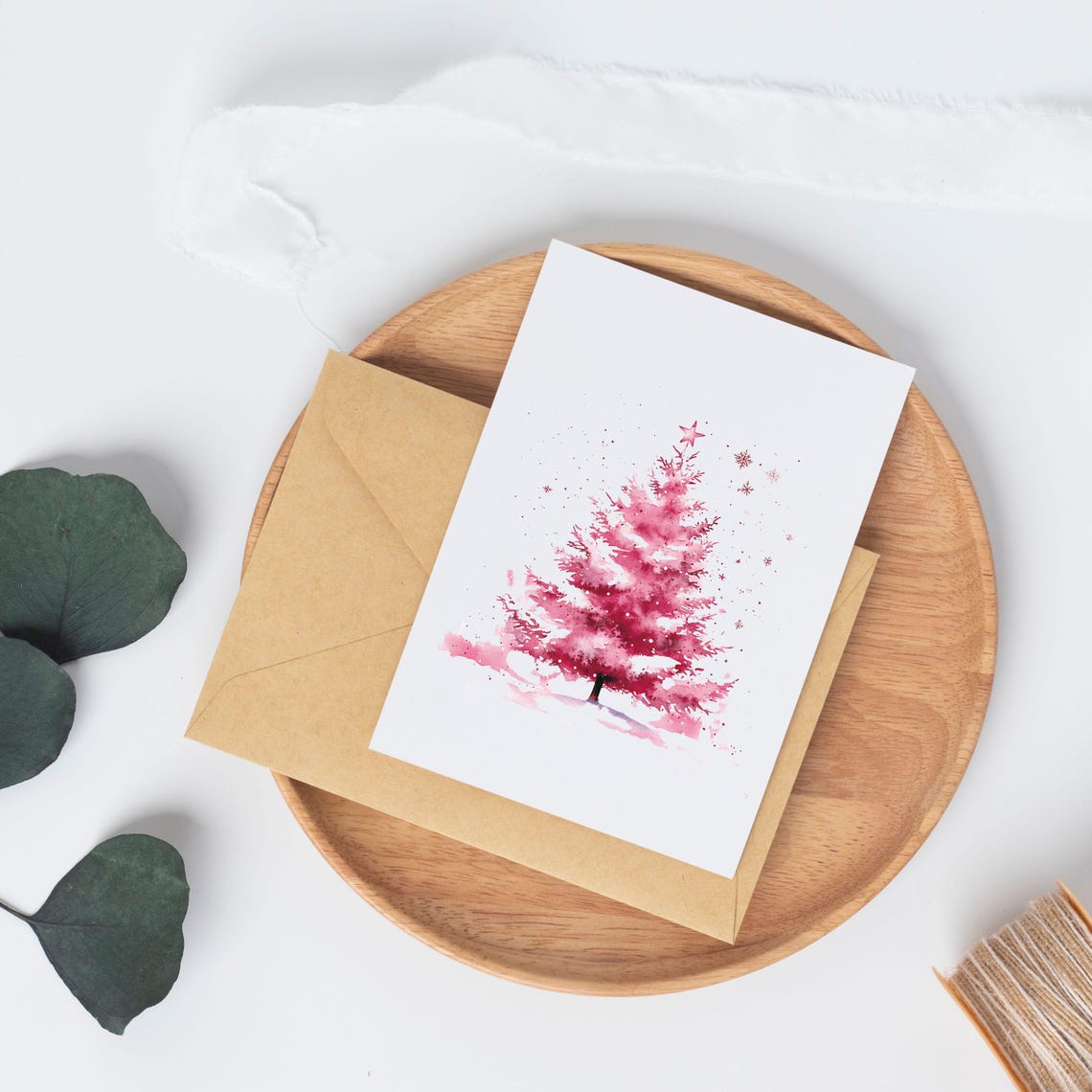 Pink Christmas Pine Tree Clipart: Watercolor Winter Landscape (JPG ...