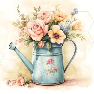 Shabby Chic Vintage Floral Clipart Bundle Watercolor Watering Can ...